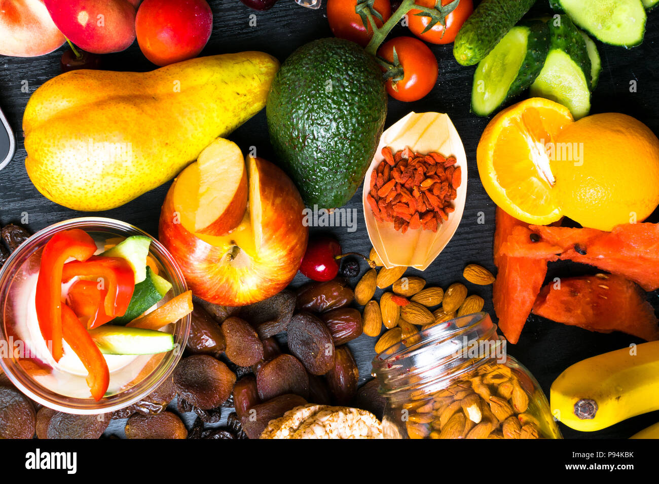Healthy snack food on wooden table with copy space, top view Stock ...