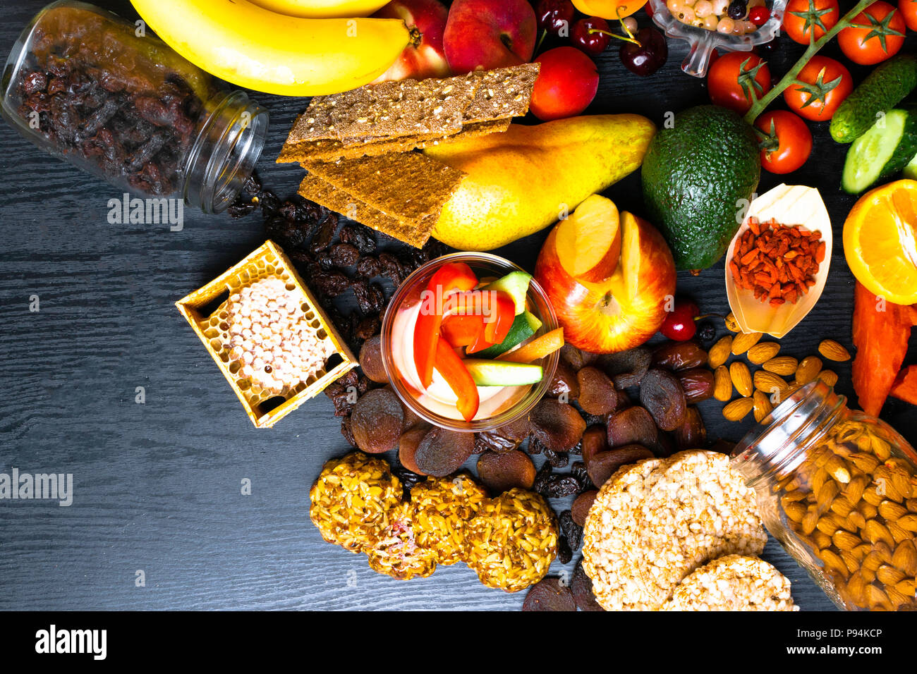 Healthy snack food on wooden table with copy space, top view Stock ...