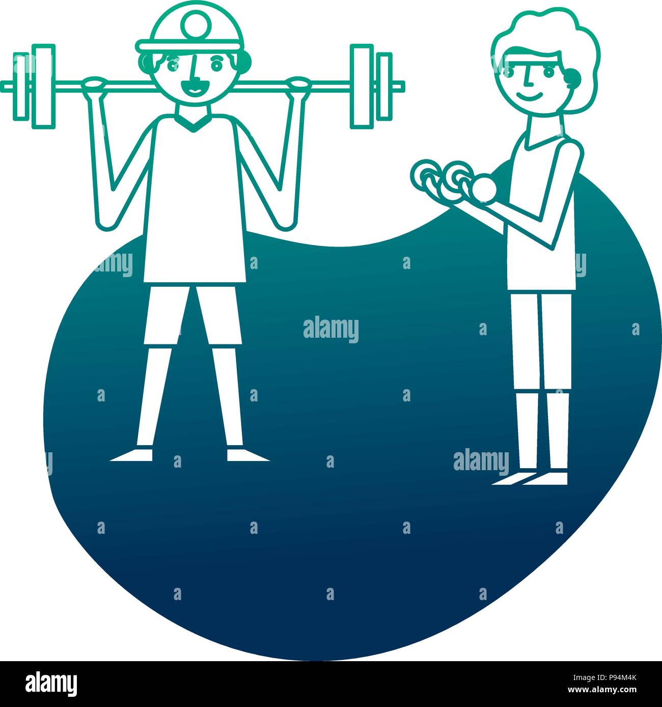 two man cartoon exercise with dumbbell and barbell vector illustration ...