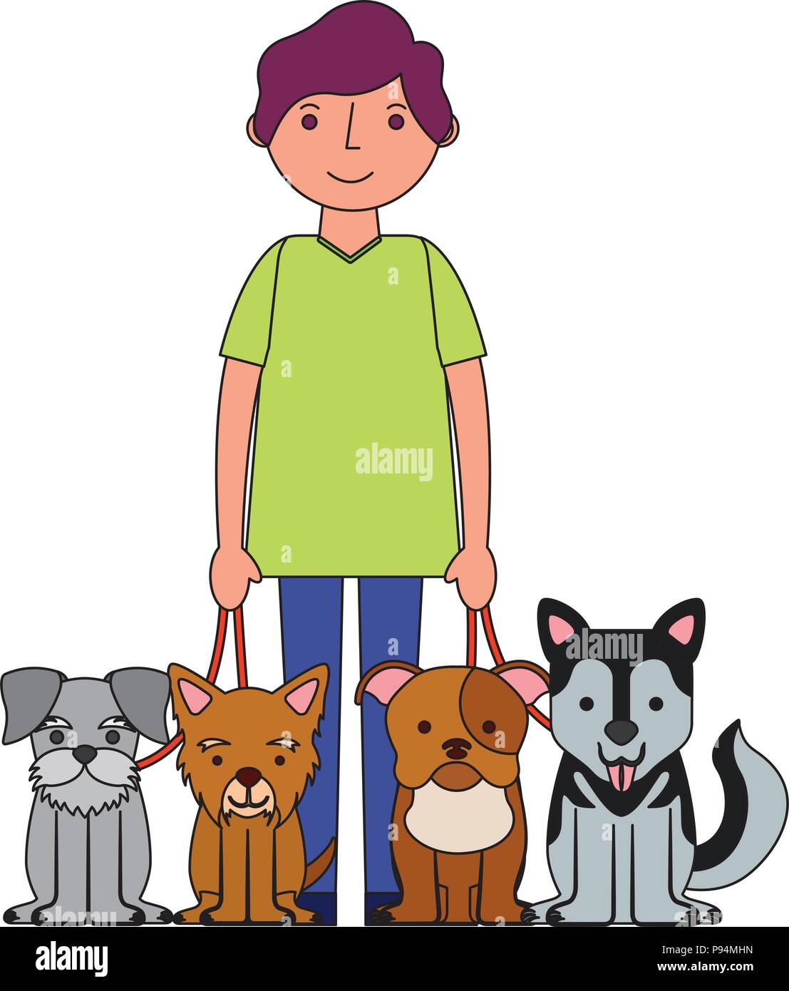 man character with four dogs mascot vector illustration Stock Vector ...