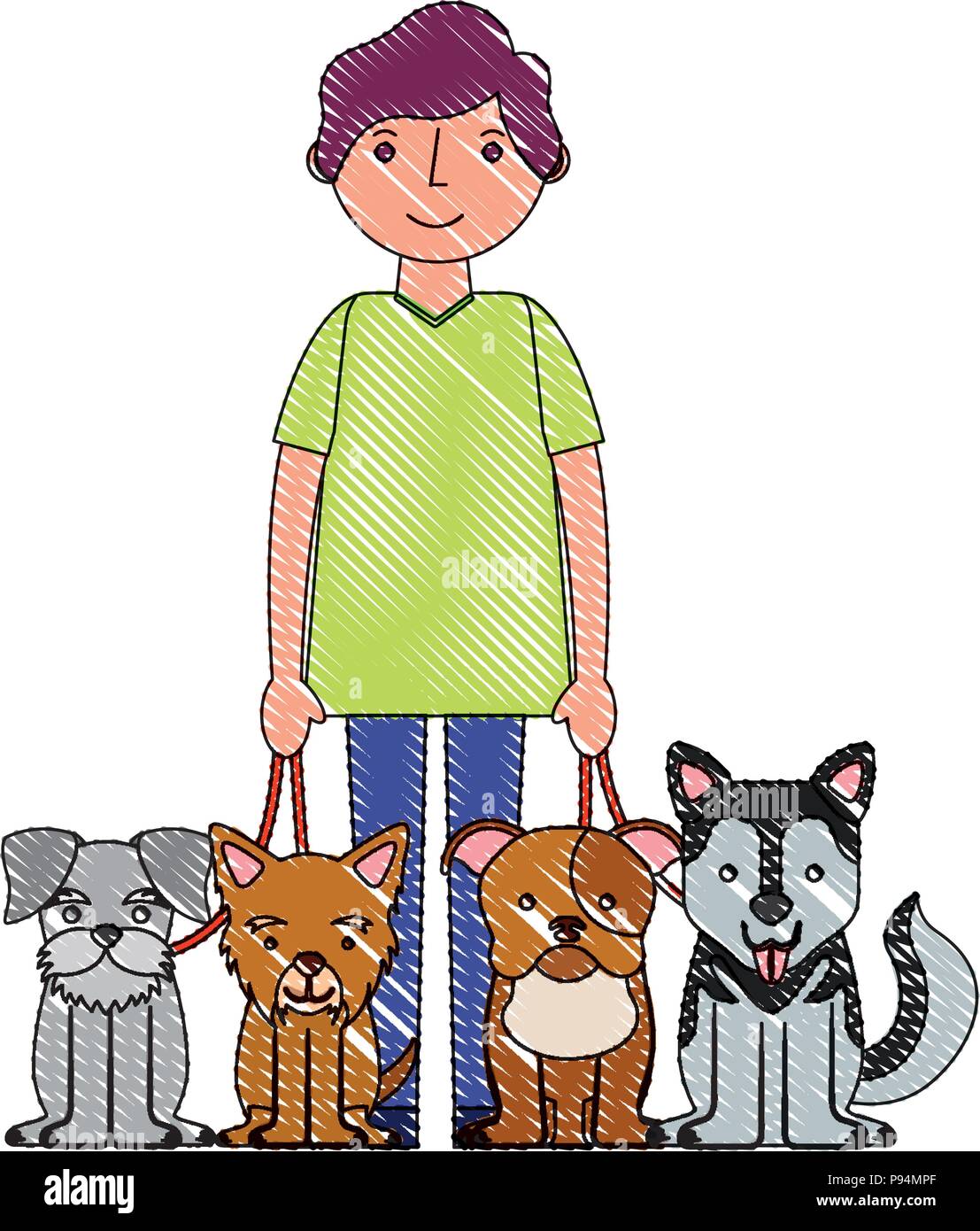 man character with four dogs mascot vector illustration drawing Stock ...