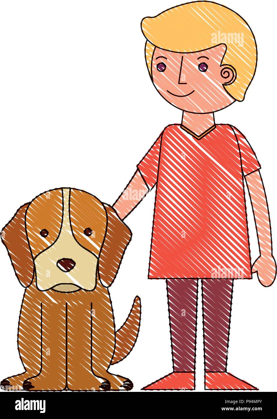 smiling little boy with her dog pet vector illustration drawing Stock ...