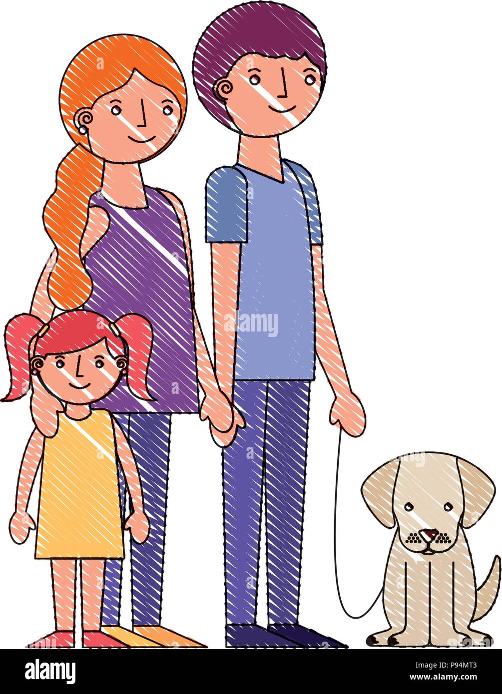 family parents mom dad and daughter with dog pet vector illustration ...