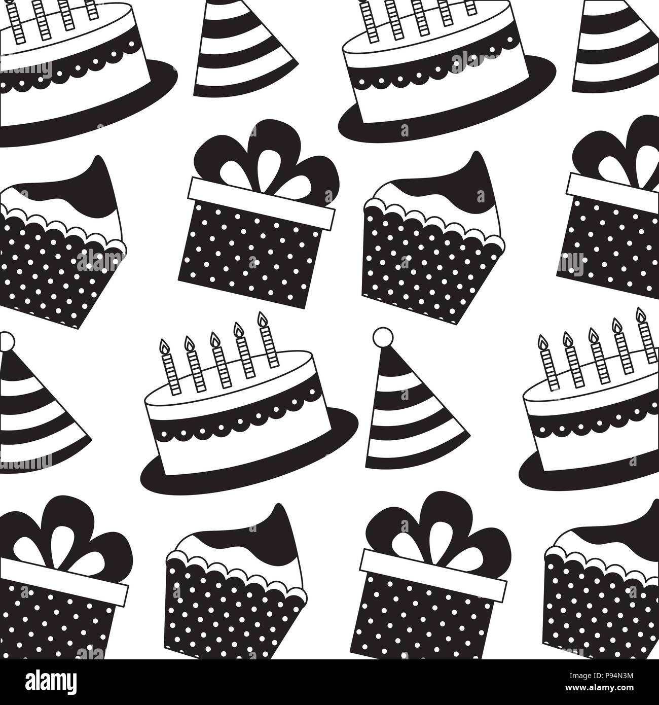 gift box present with sweet cakes and hat party icon pattern Stock ...