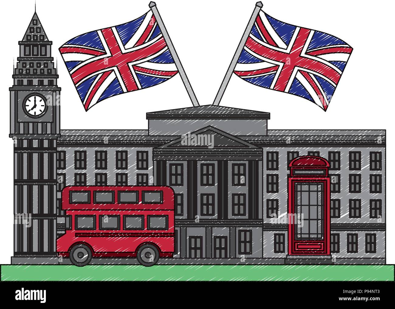 buckingham palace big ben bus flag and telephone box Stock Vector Image ...