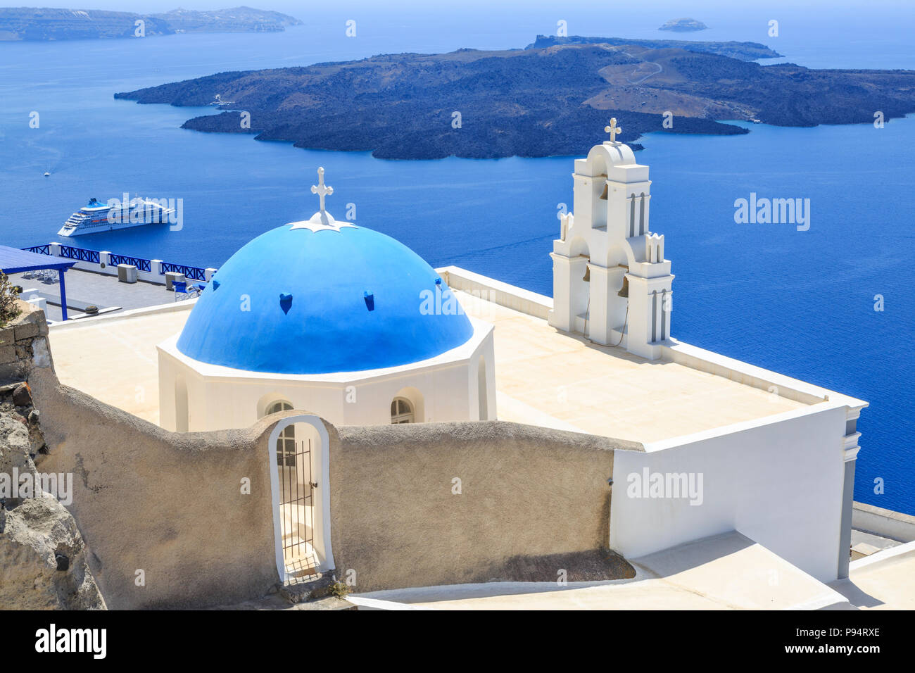Three bells of Fira Church in Fira, Santorini island, Greece Stock ...