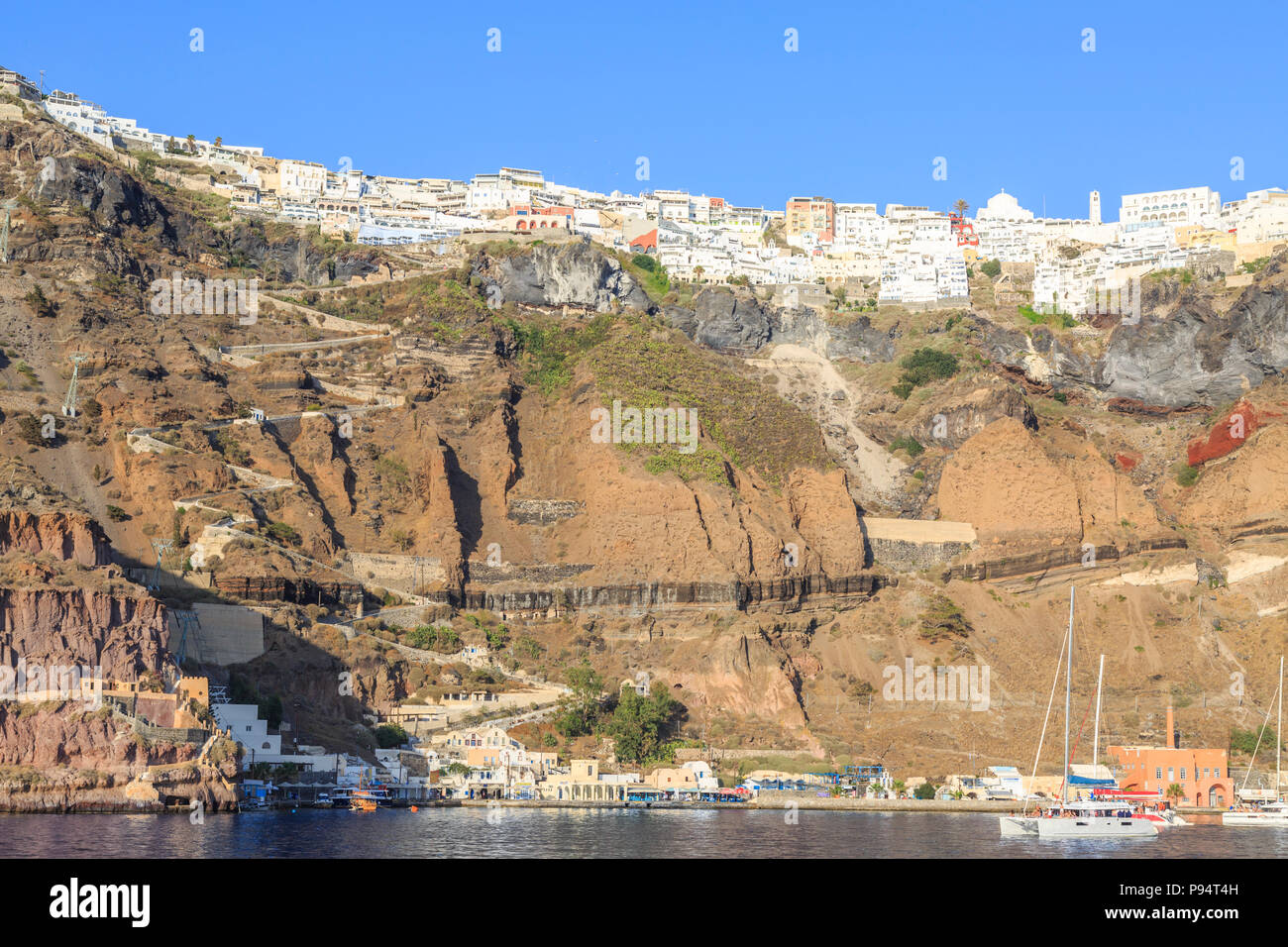 Port of Thira and Thira town together with the road from port to city ...