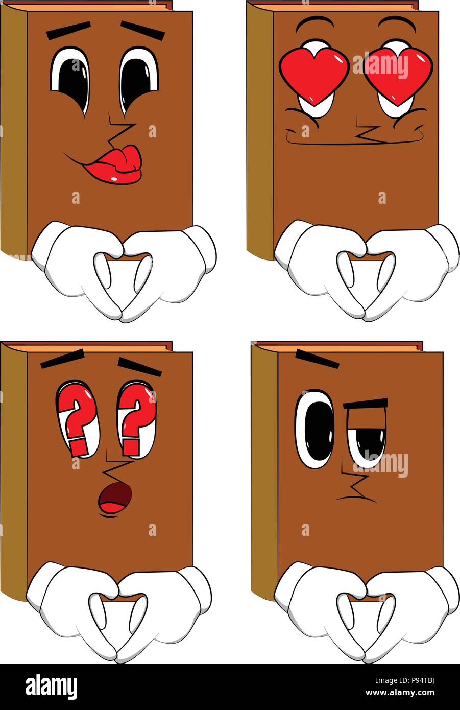 Books with heart shape hand gesture. Cartoon book collection with ...