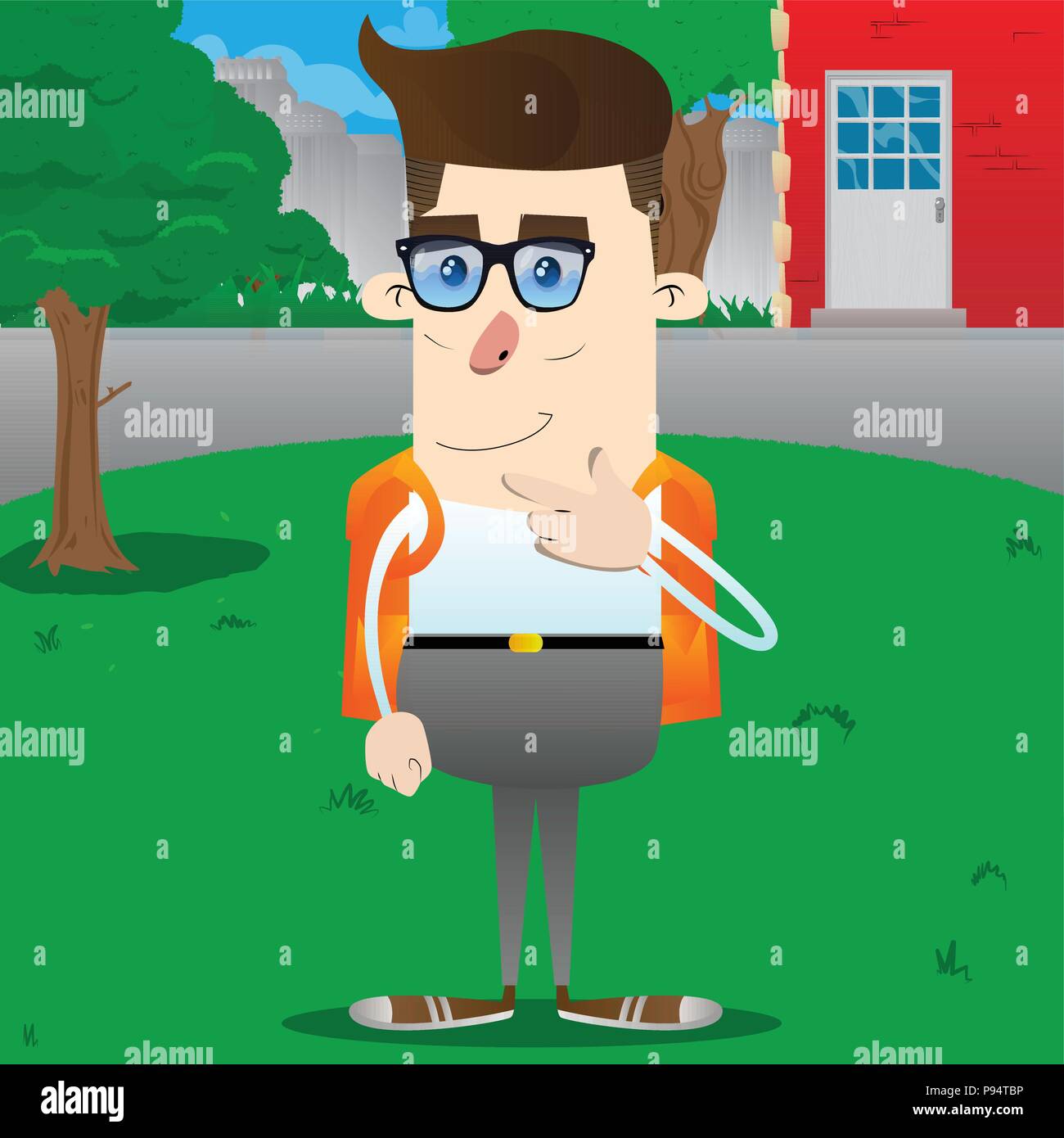 Schoolboy thinking or pointing to his left side. Vector cartoon ...