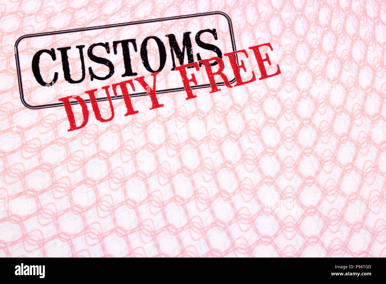 Customs duty free stamps on passport paper, copy space Stock Photo - Alamy