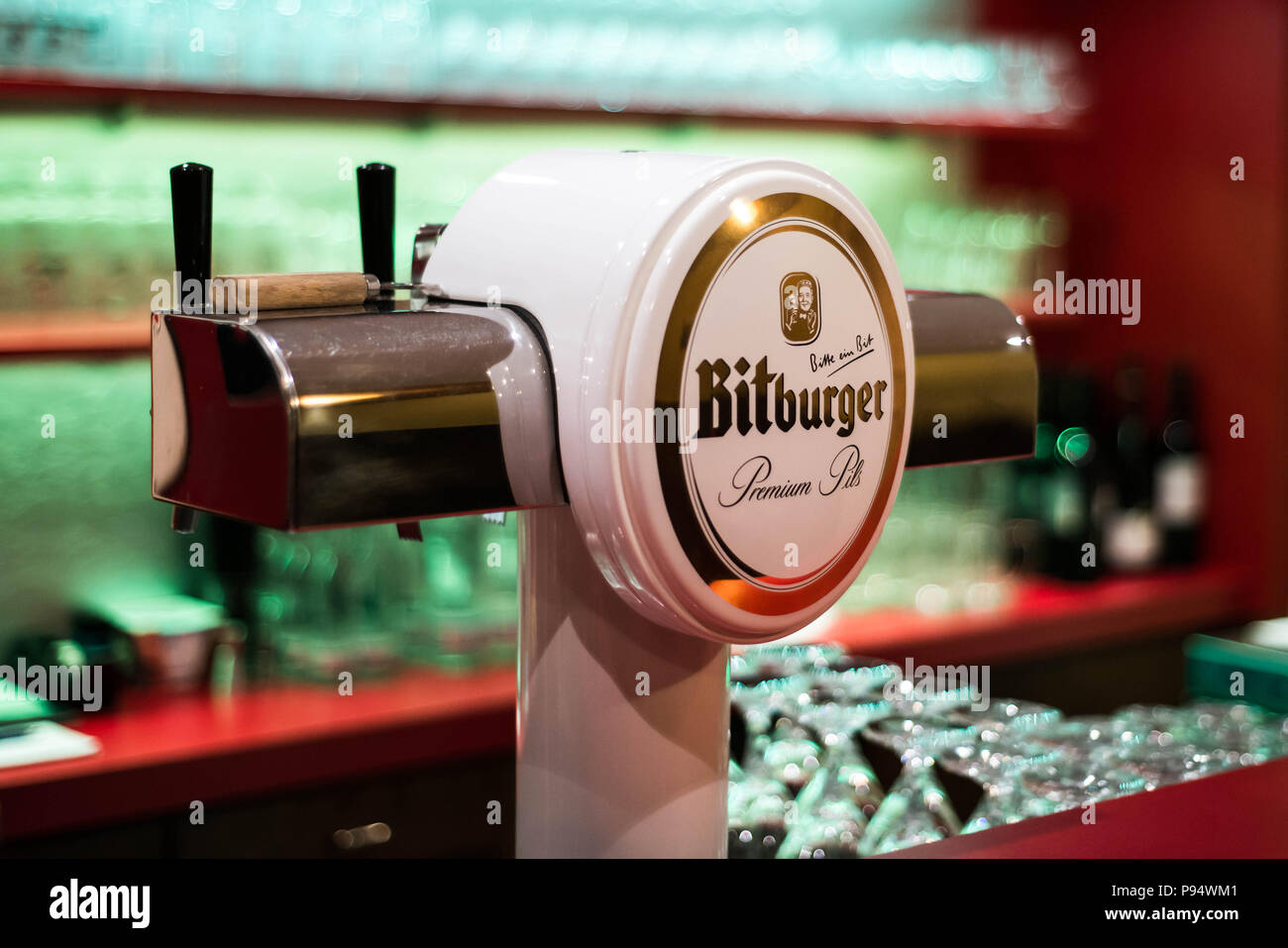 Koblenz germany 07.12.2017 close up bitburger draft beer dispensing ...