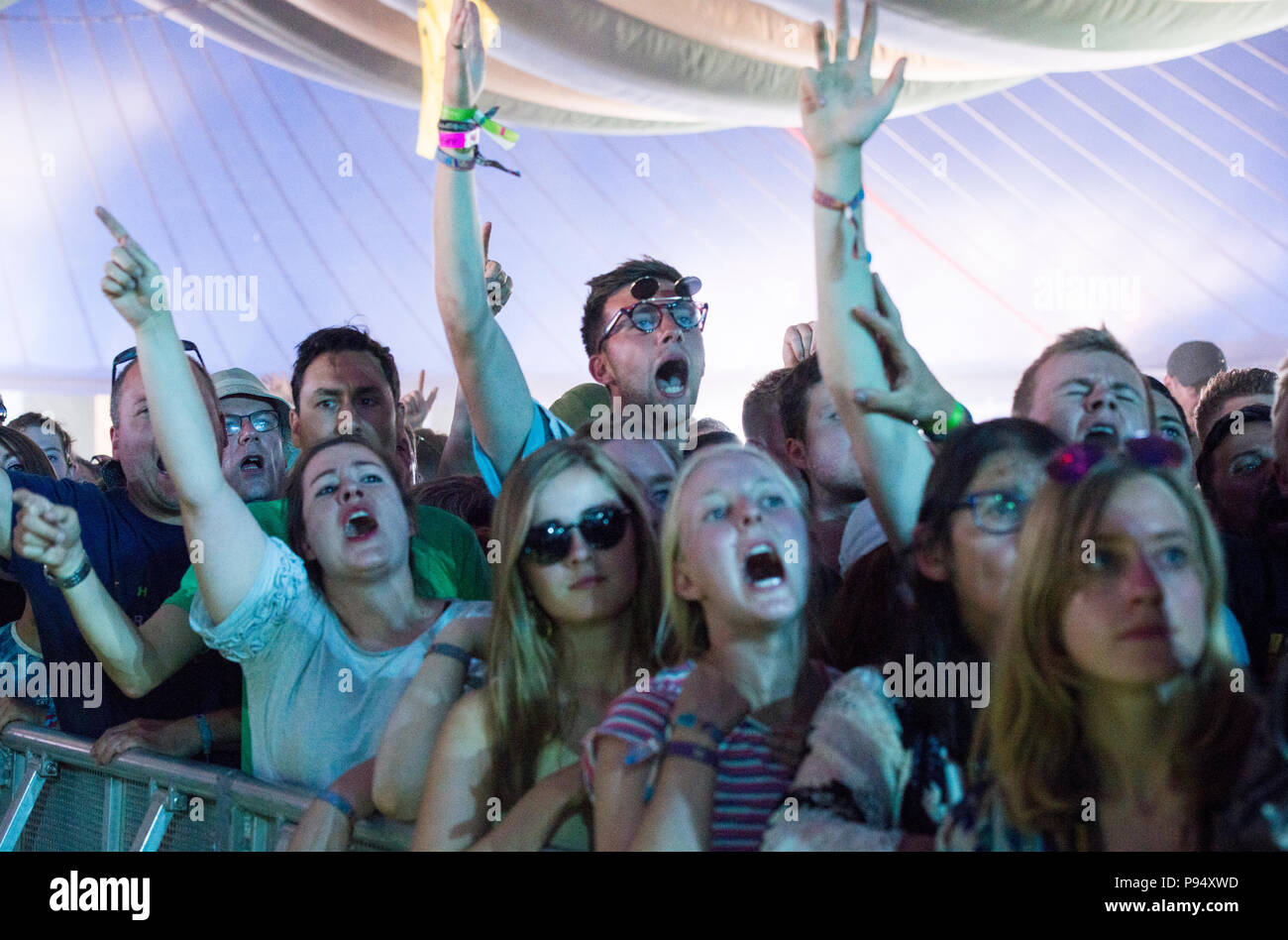 Excited crowd at a surprise gig by Liam Gallagher at Latitude Festival, Henham Park, Suffolk ...