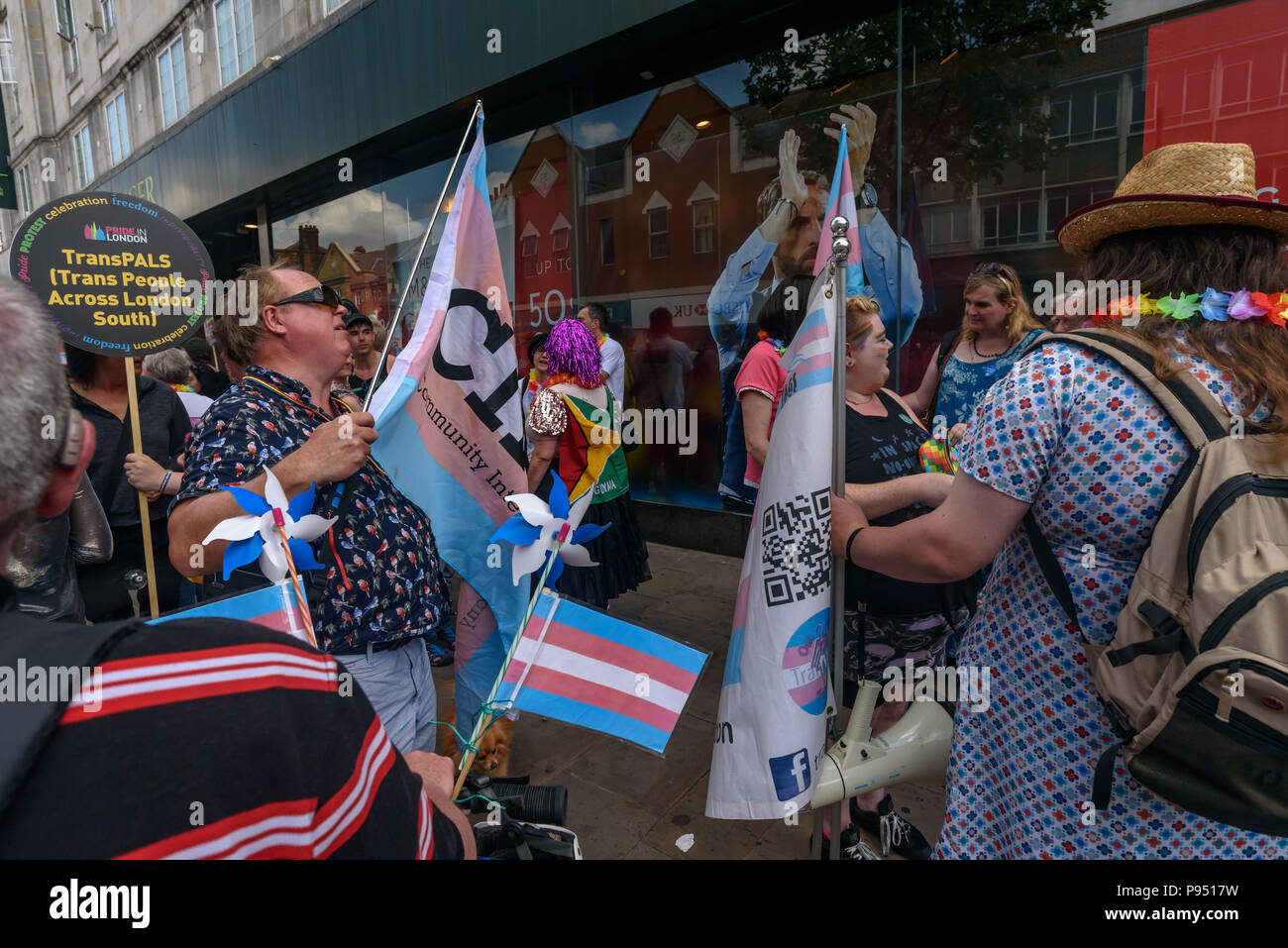 London, UK. 14th July 2018. People wait for Croydon Pride procession to ...