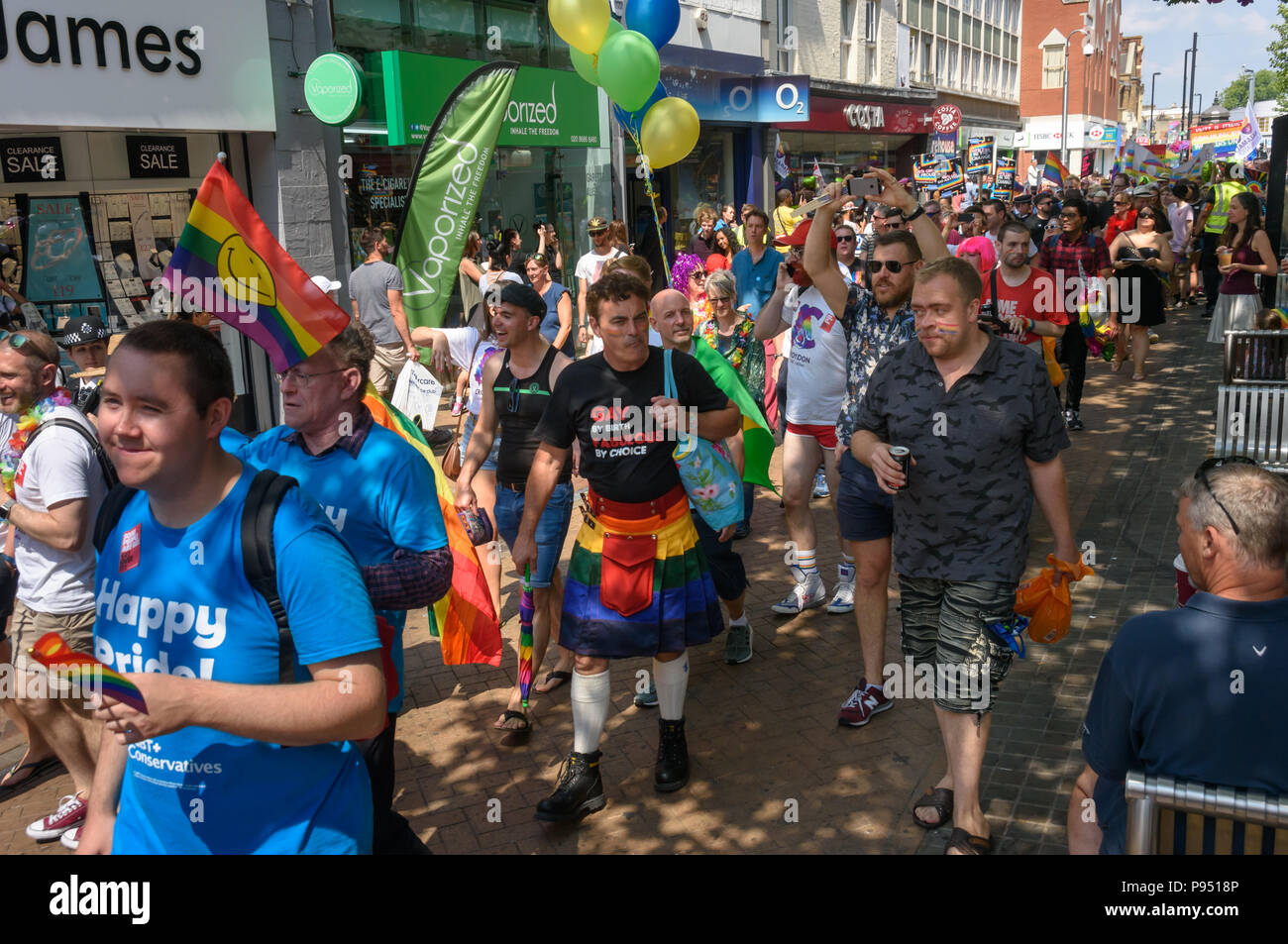 London, UK. 14th July 2018. Several hundred people parade through the ...