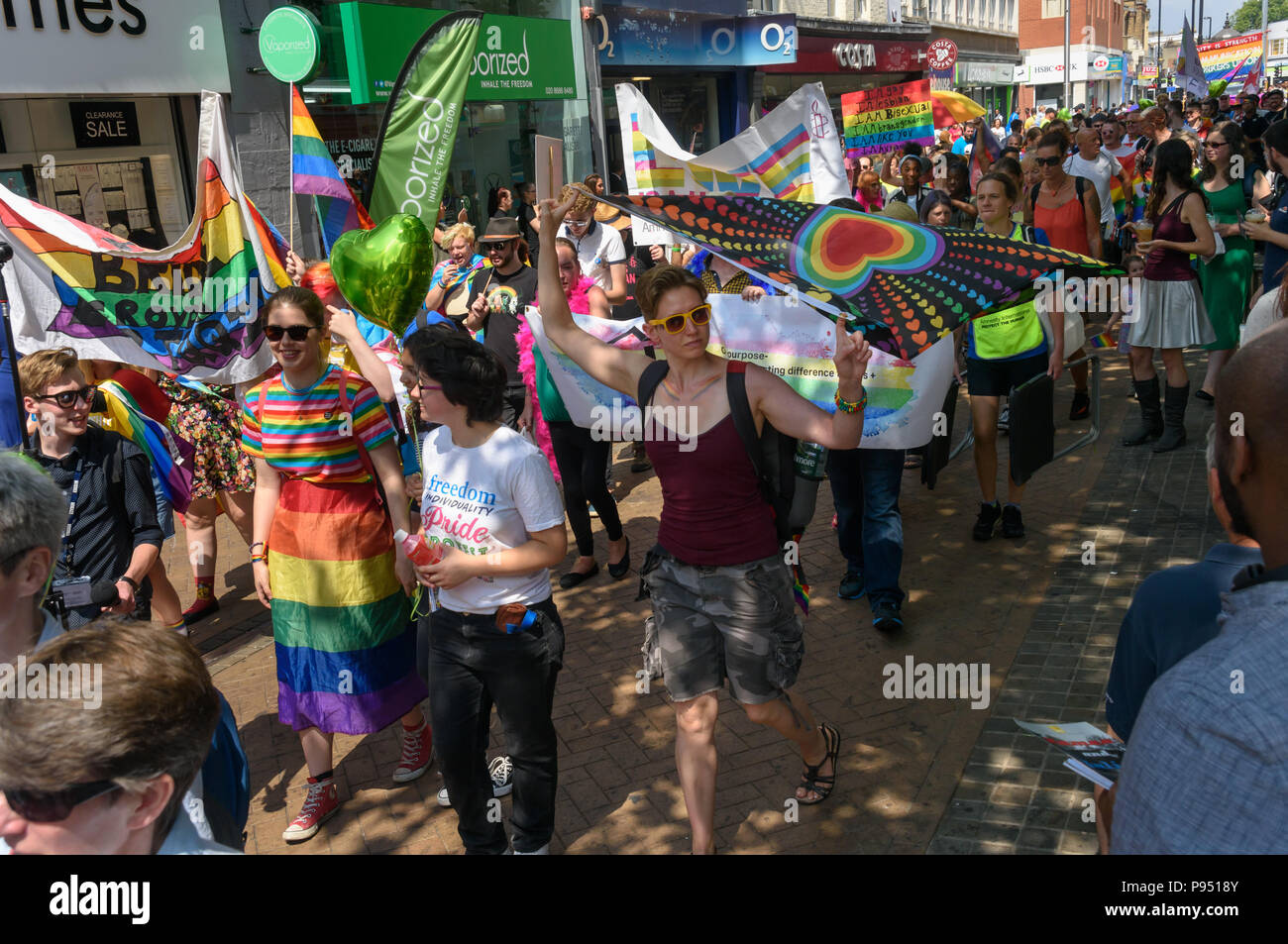 London, UK. 14th July 2018. Several hundred people parade through the ...