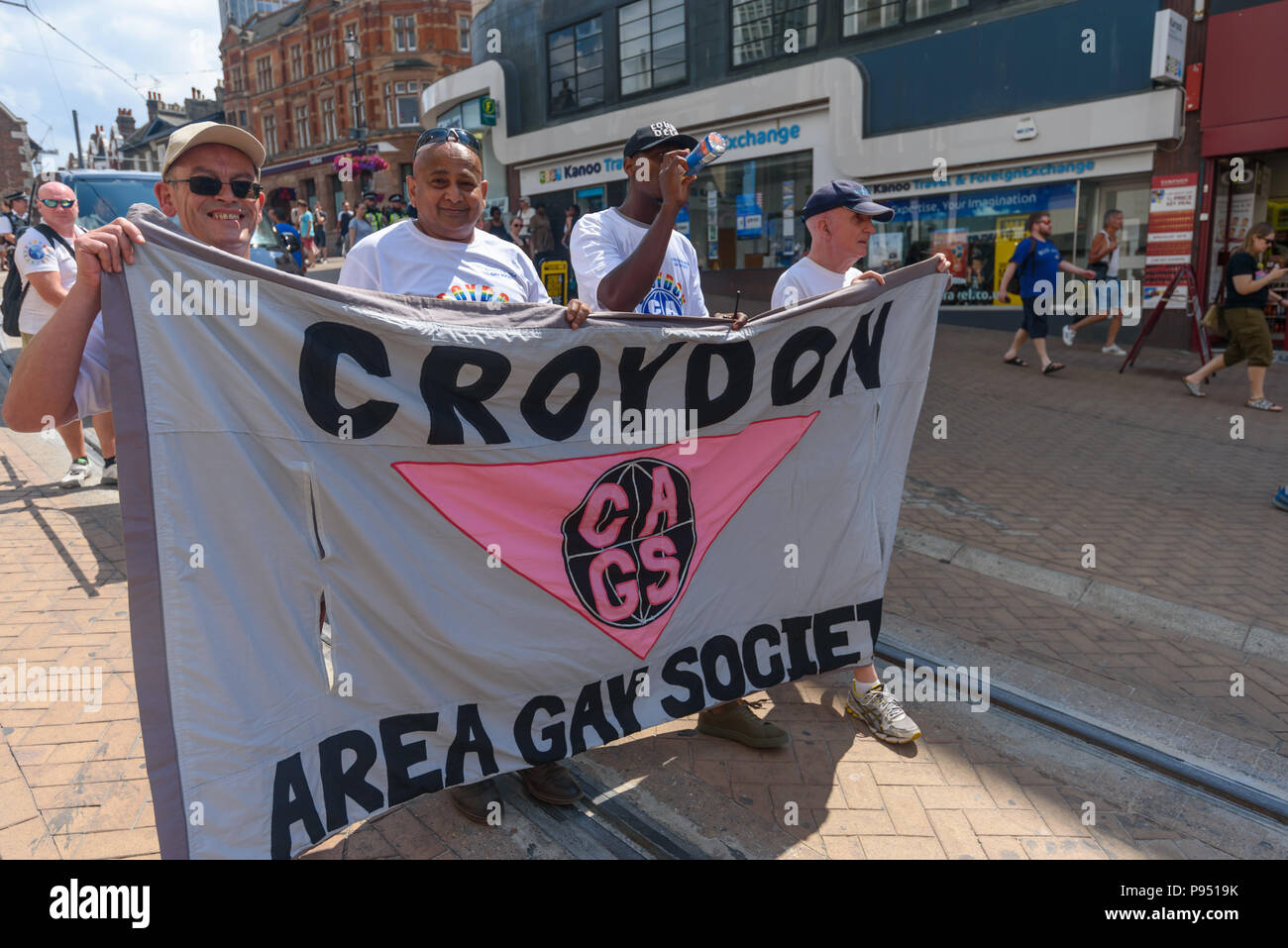 London, UK. 14th July 2018. A vintage banner with a pink triangle from ...