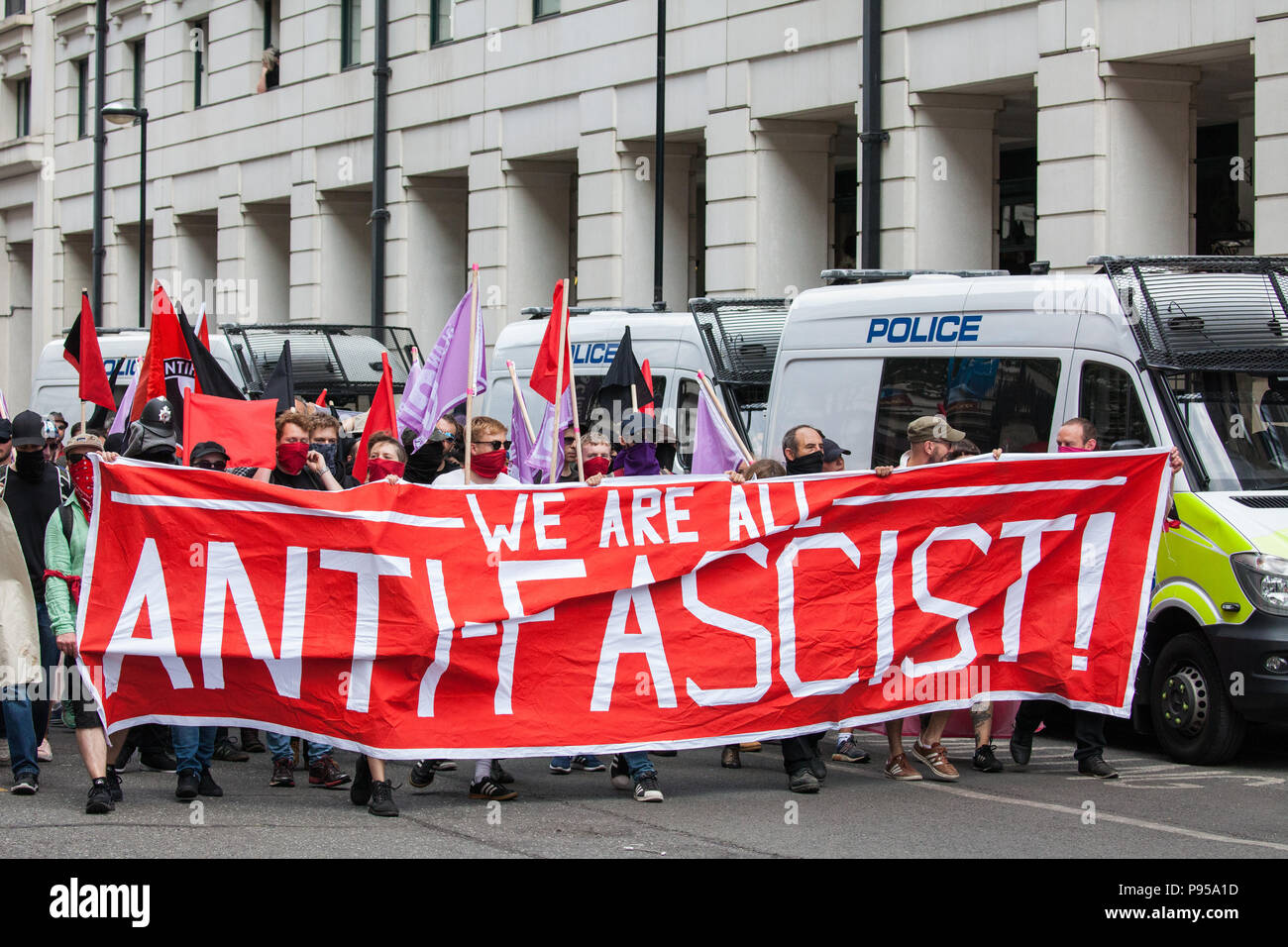 London, UK. 14th July, 2018. Anti-fascists march through London to ...