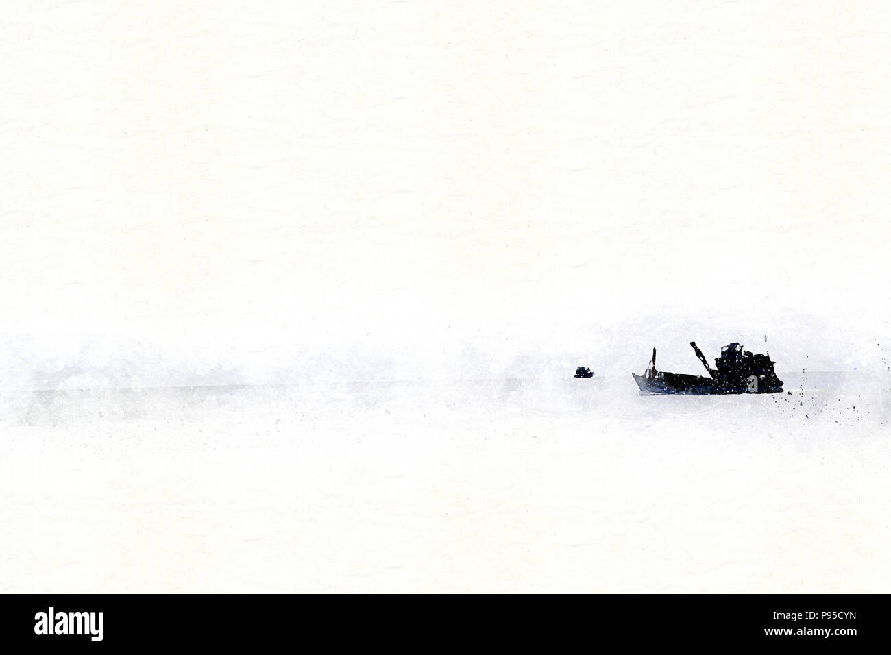 Abstract Long boat fishing in sea, Fishing boat on watercolor paining ...