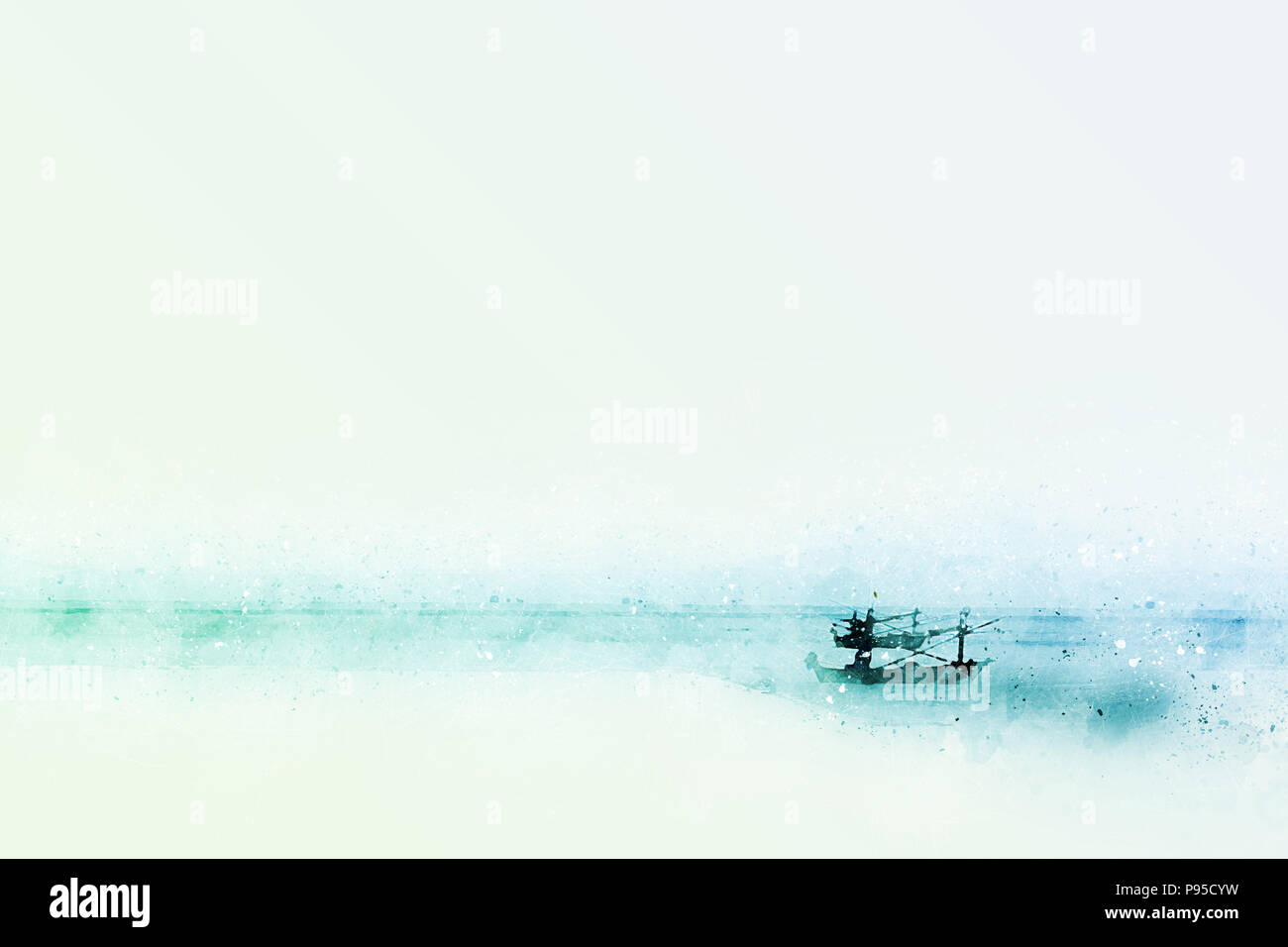 Abstract Long boat fishing in sea, Fishing boat on watercolor paining ...