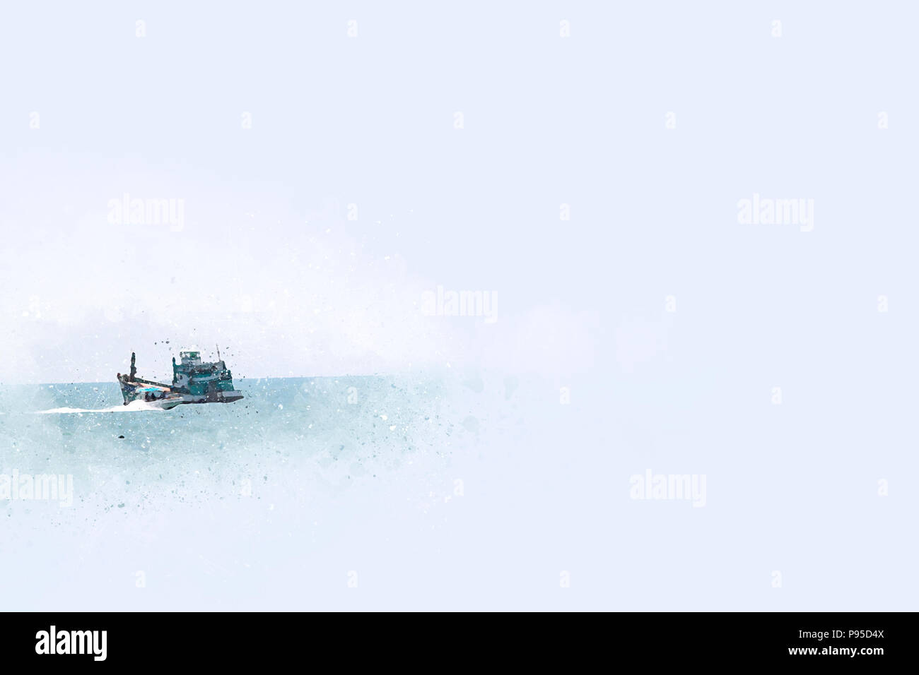 Abstract Long boat fishing in sea, Fishing boat on watercolor paining ...