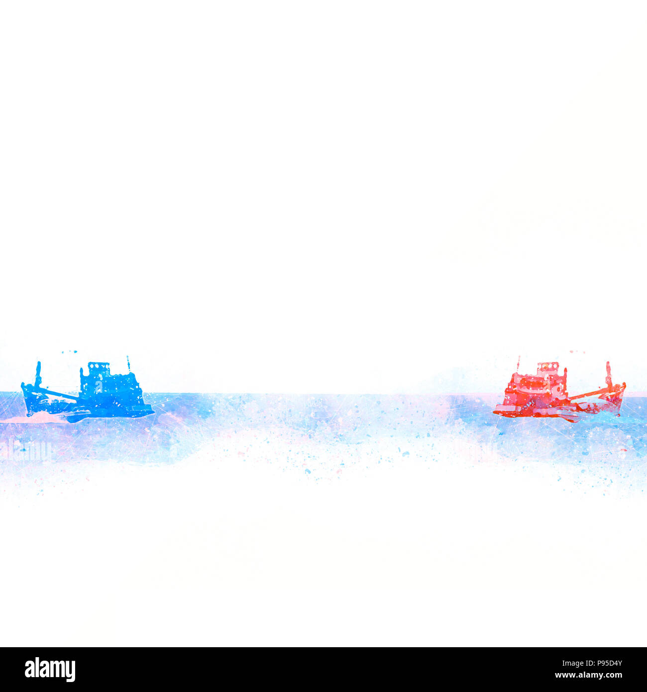 Abstract Long boat fishing in sea, Fishing boat on watercolor paining ...