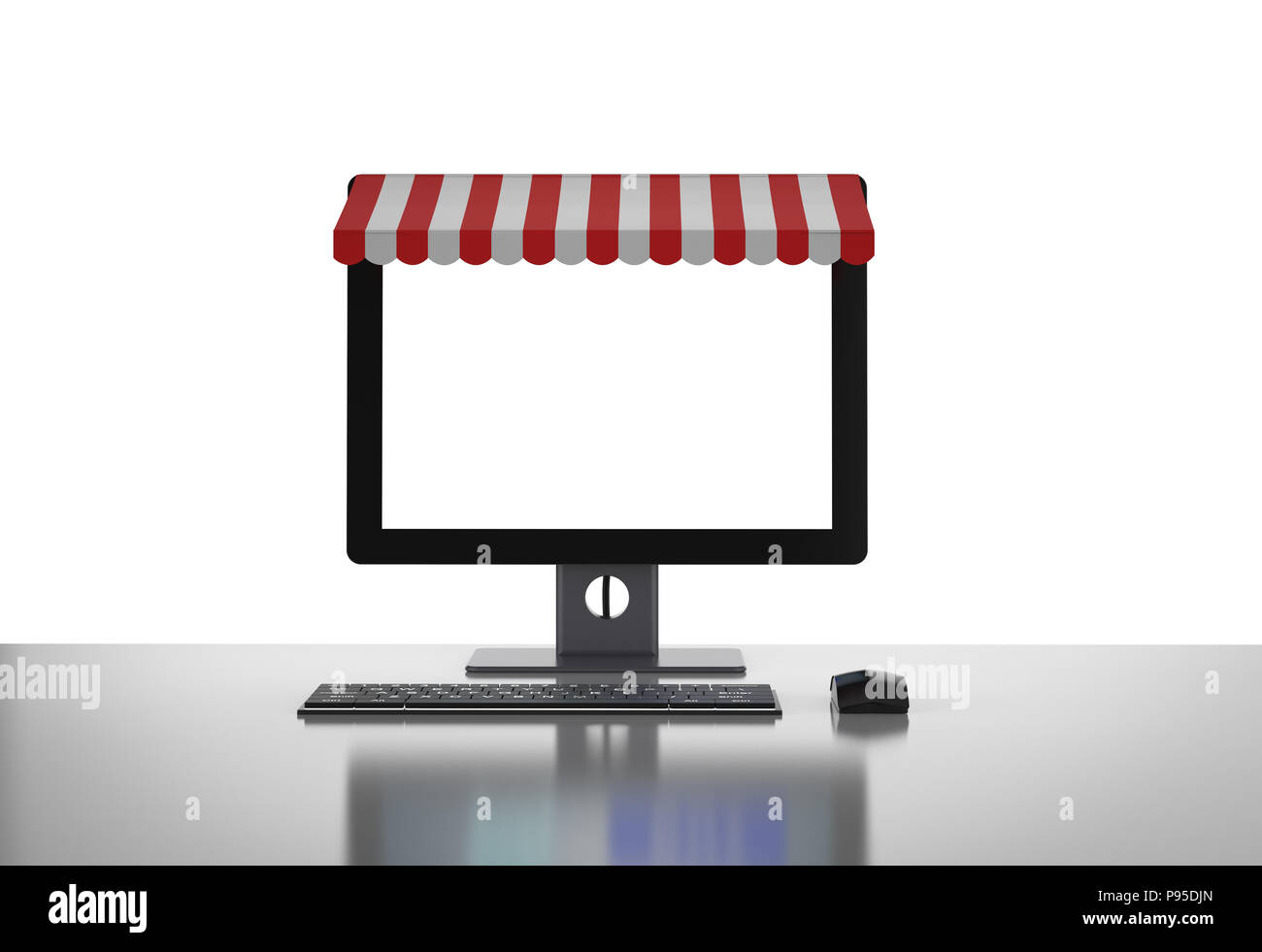 online shopping concept with 3d rendering desktop computer and awning ...