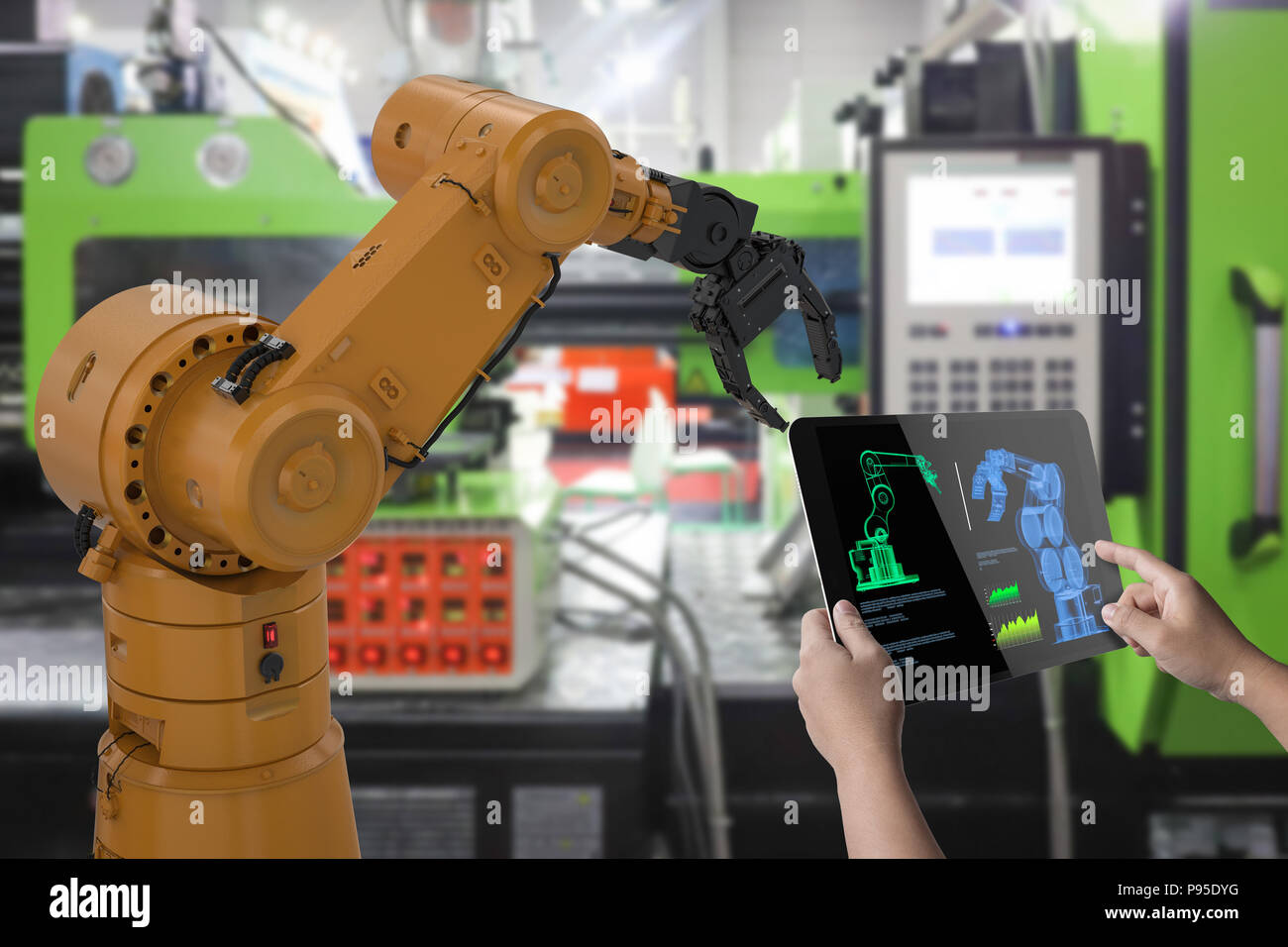 Technician control 3d rendering robot arm in factory Stock Photo - Alamy