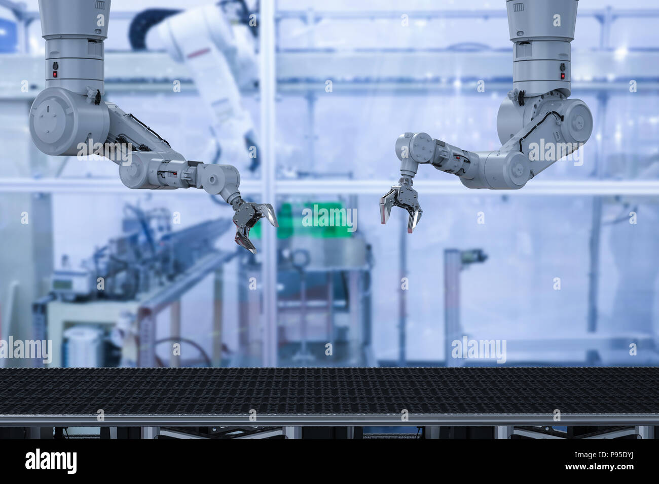 3d rendering robot arm with conveyor line in factory Stock Photo - Alamy