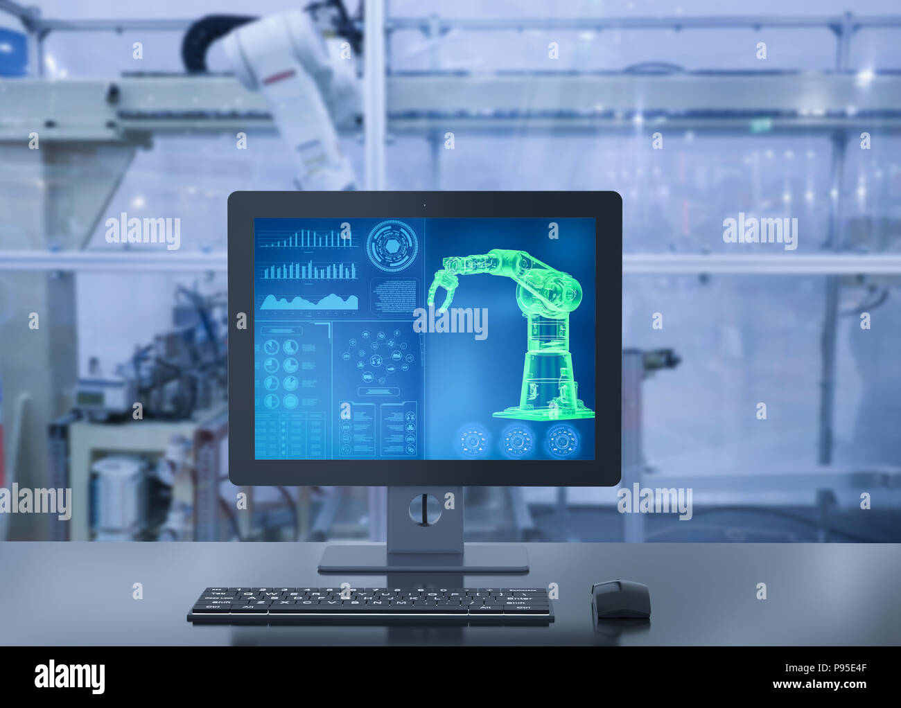 3d rendering computer display automation robot system in factory Stock ...