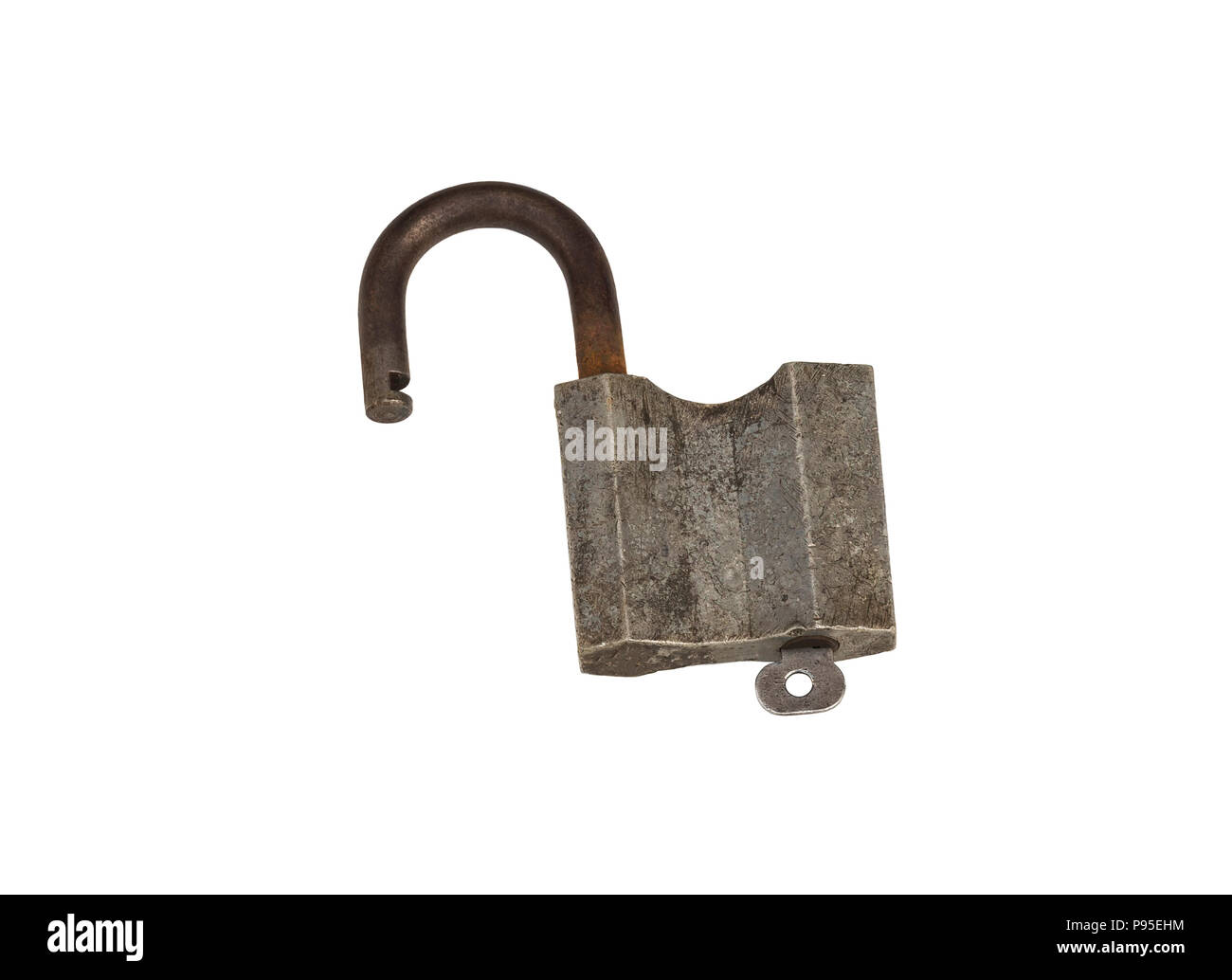 A hinged open metal lock with a key on a white background Stock Photo ...