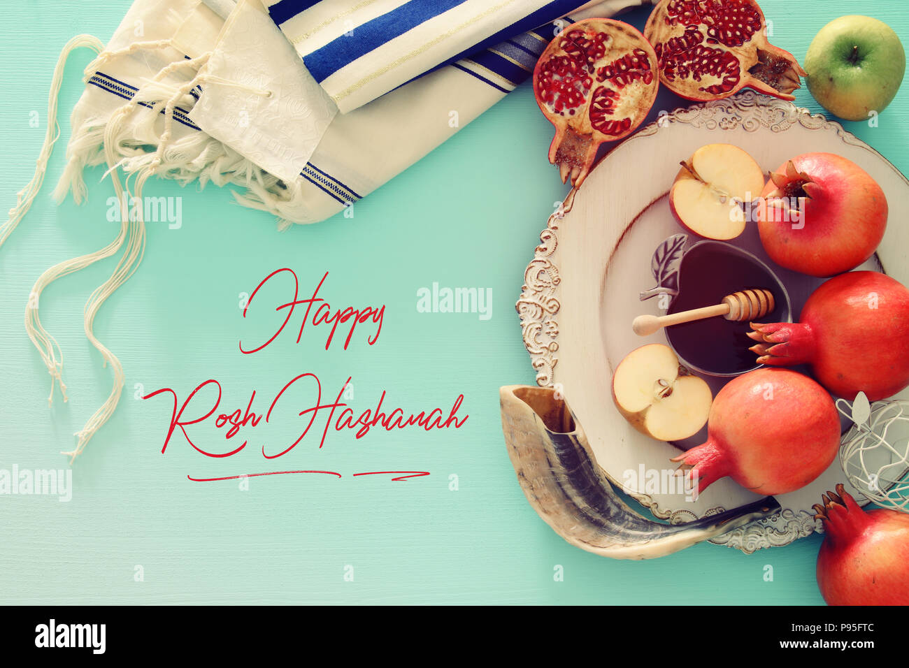 Rosh hashanah (jewish New Year holiday) concept. Traditional symbols ...