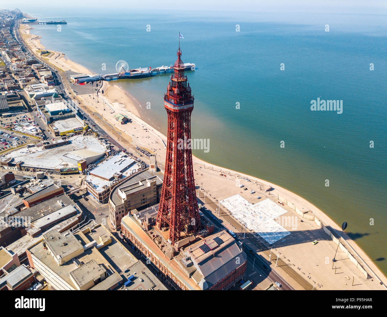 An aerial view of the Blackpool Tower with the Central pier in the ...