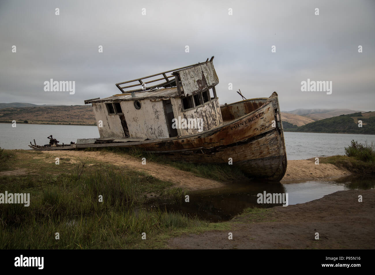 A side view of the Point Reyes shipwreck, an abandoned boat that ran ...