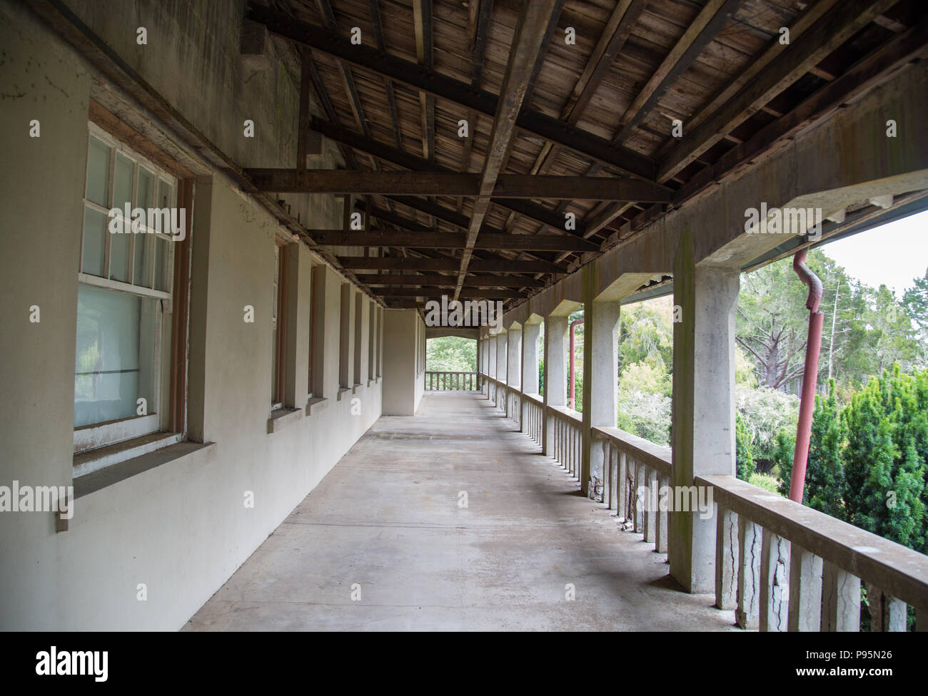 The outdoor walkway of the Marconi Hotel in Marshall, California, the ...