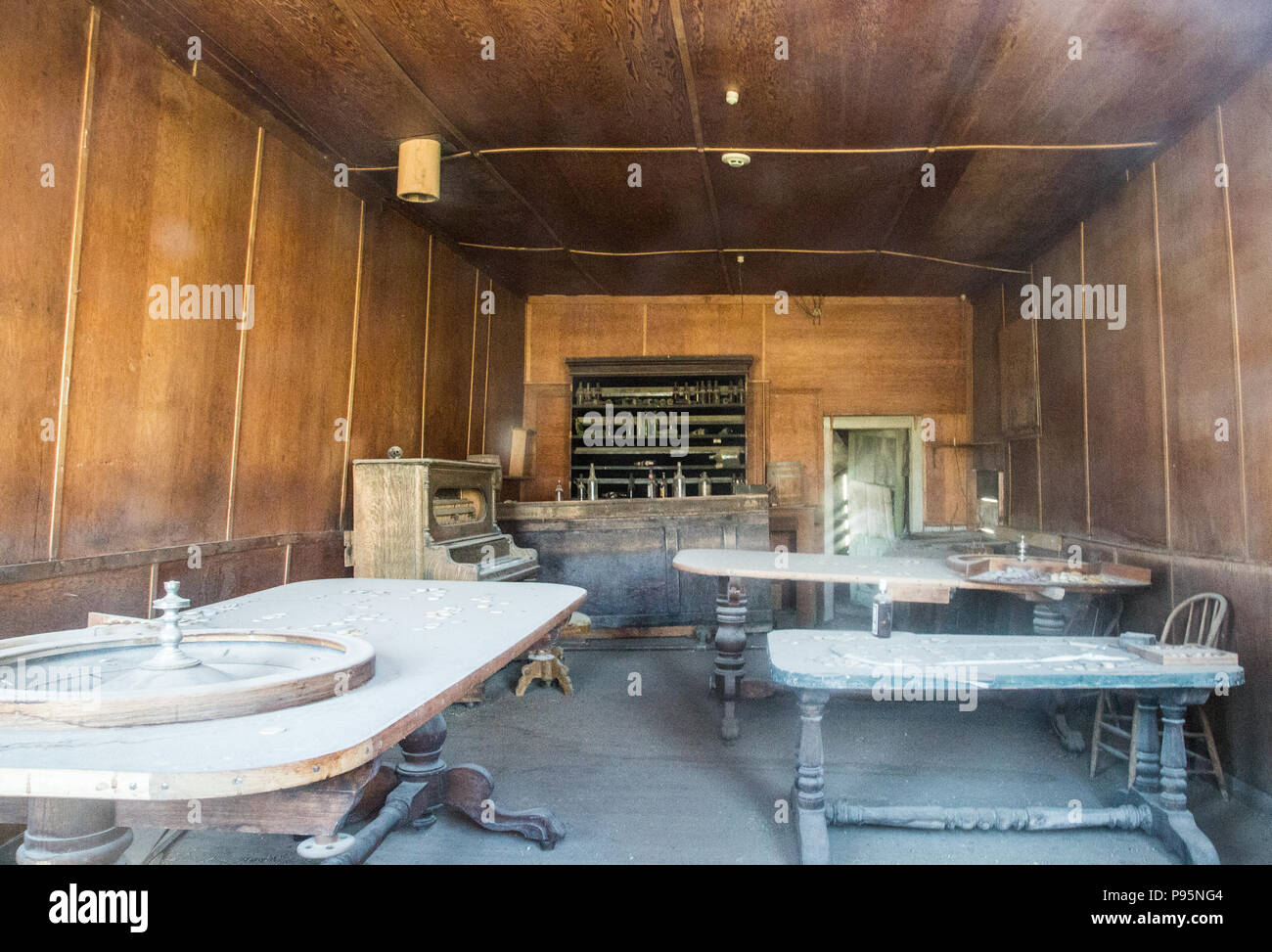 The interior of an old saloon and casino in the abandoned Old West town ...