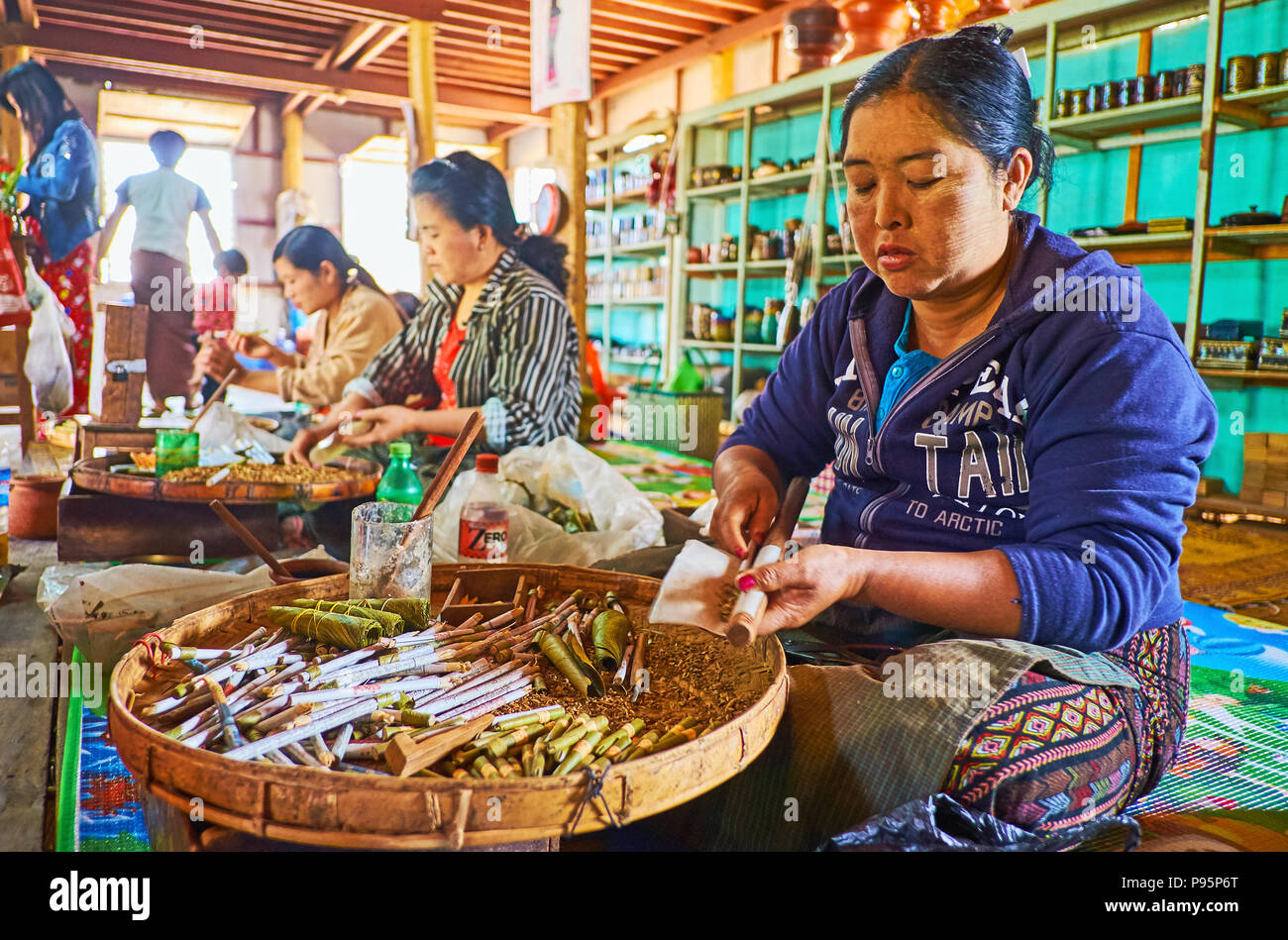 YWAMA, MYANMAR - FEBRUARY 18, 2018: Visiting of cigarette factory on ...