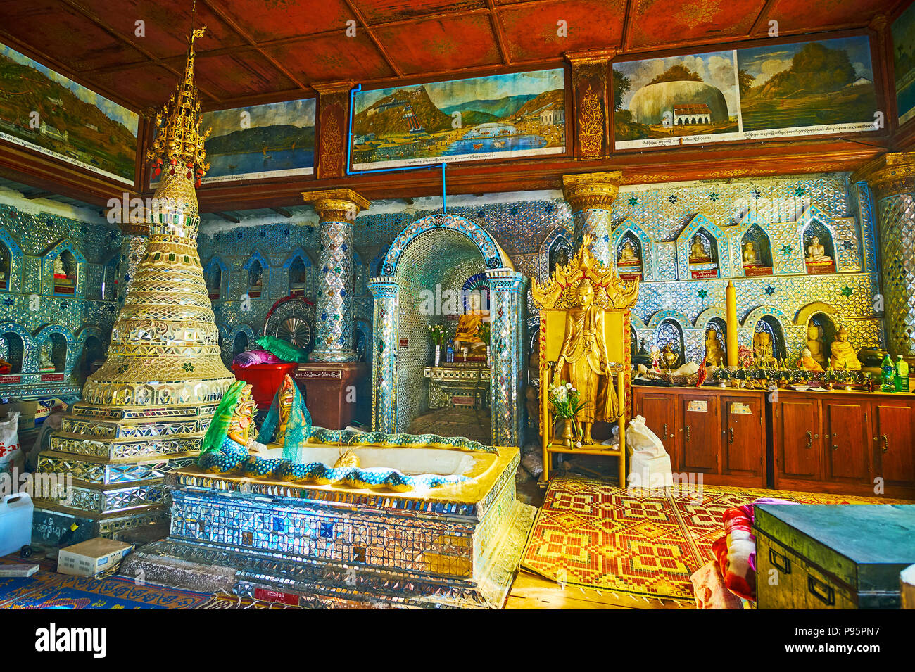 INN THEIN, MYANMAR - FEBRUARY 18, 2018: The mirror hall of Inn Thein ...