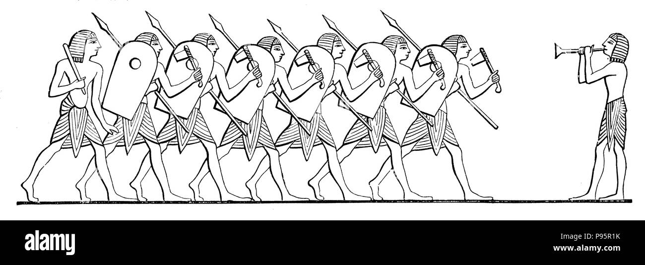 Egyptian foot troop with shield, lance and hatchet. Ancient Egyptian ...