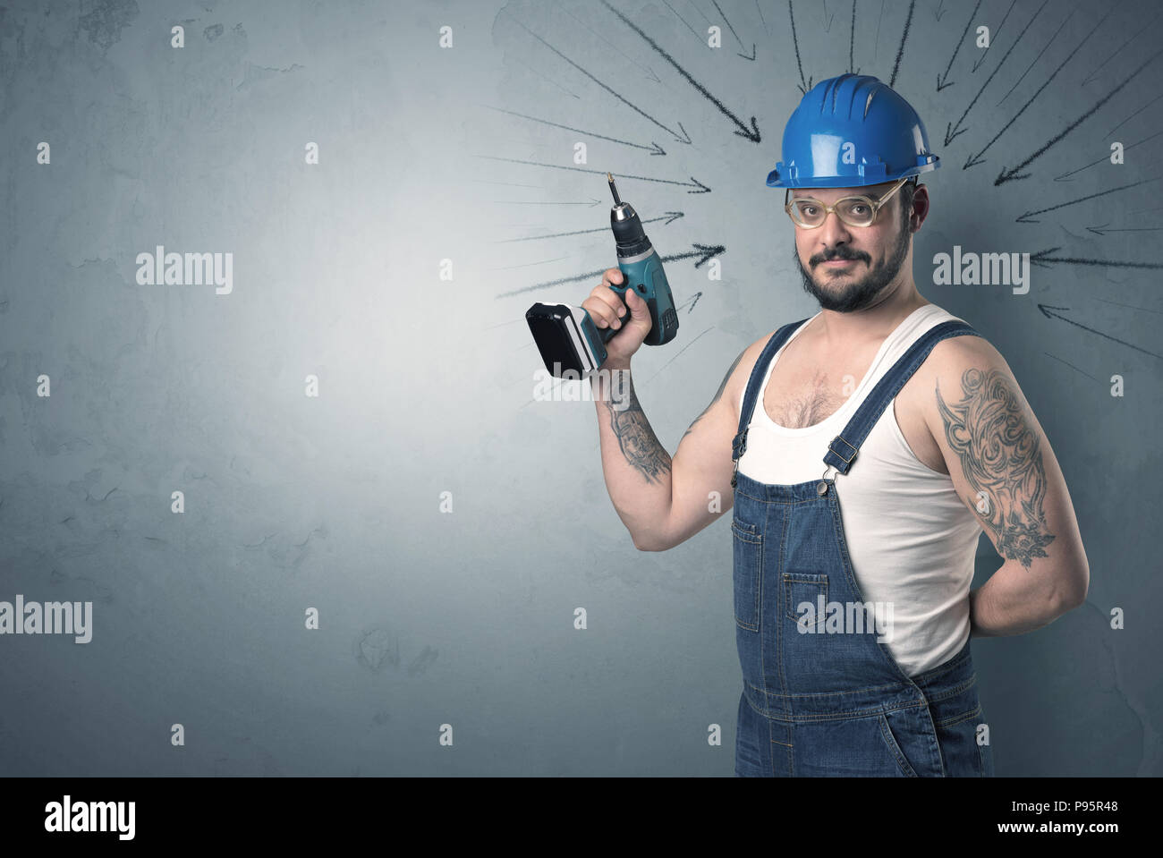 Working man with tools in his hand and arrows above his head Stock ...