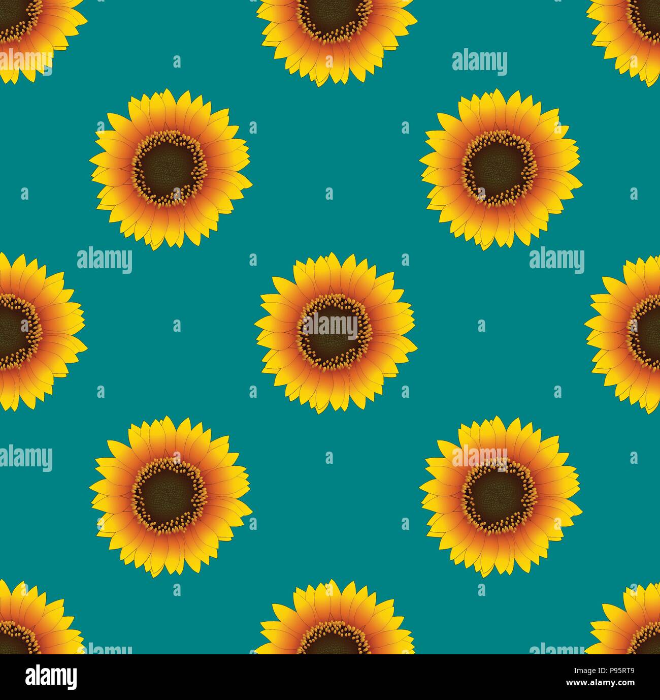 Sunflower Seamless on Green Teal Background. Vector Illustration Stock ...