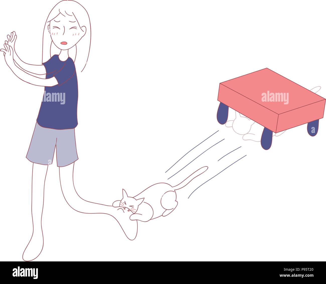 Cat Play Hunting by Stalker Girl and Attack Her Ankle. Vector ...