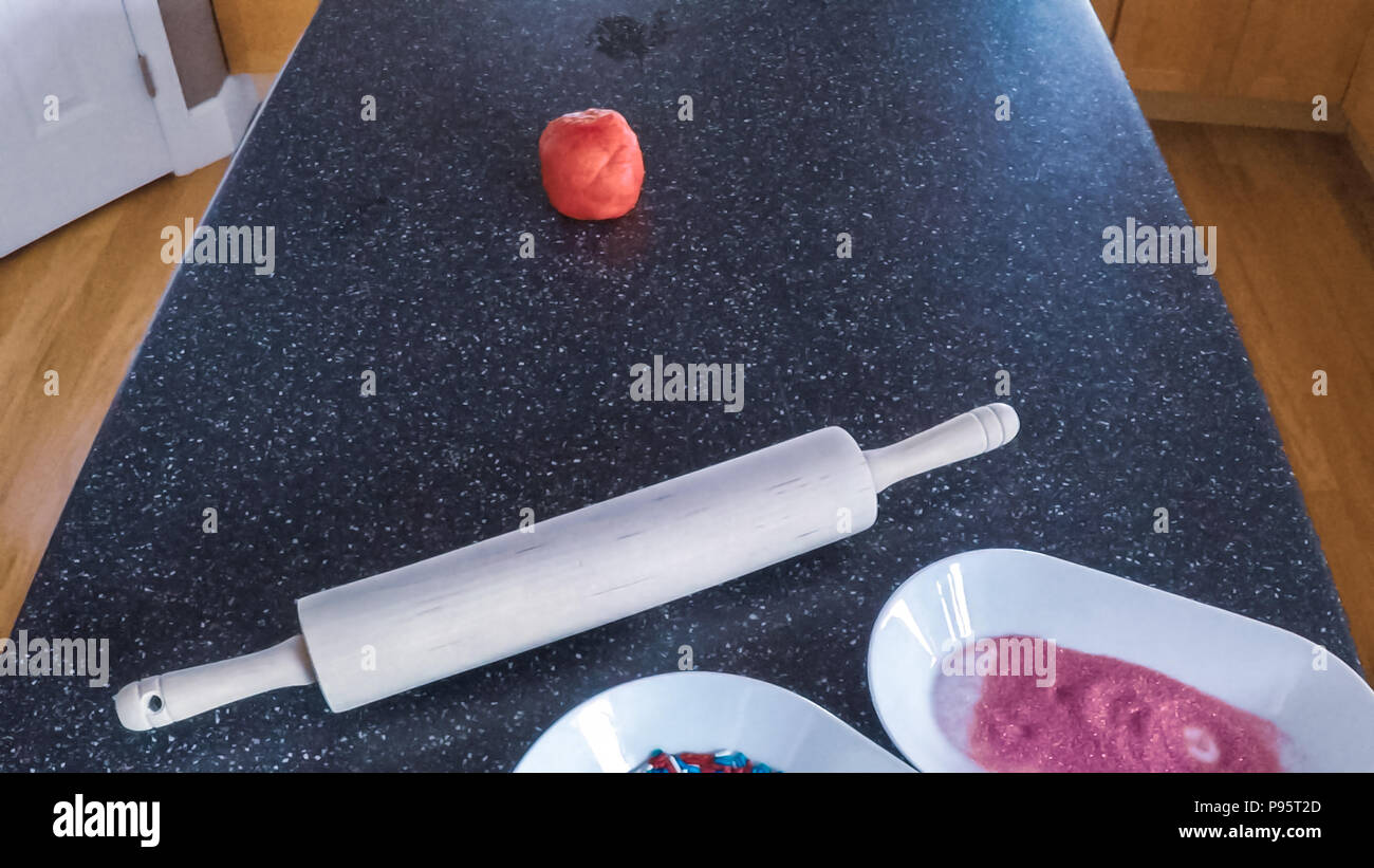 Step by step. Ingredients to bake sugar cookies on the kitchen counter ...