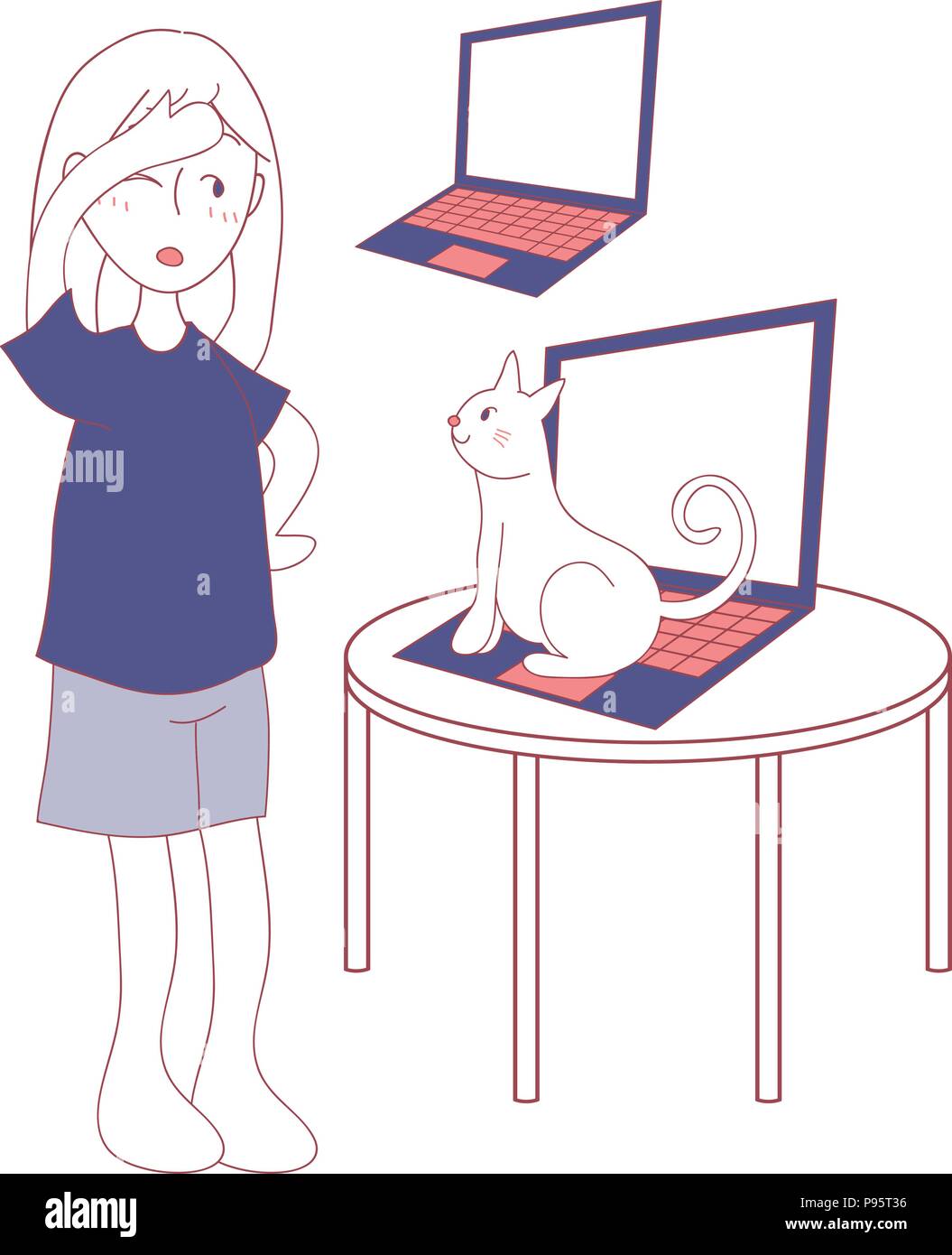 Cat Sitting on Notebook and Girl. Vector Illustration Stock Vector ...