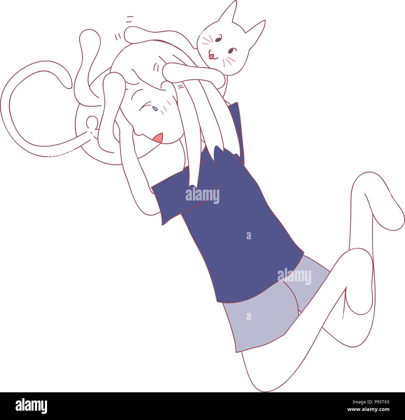 Girl Hug Cat Belly. Vector illustration. isolated on White Background ...