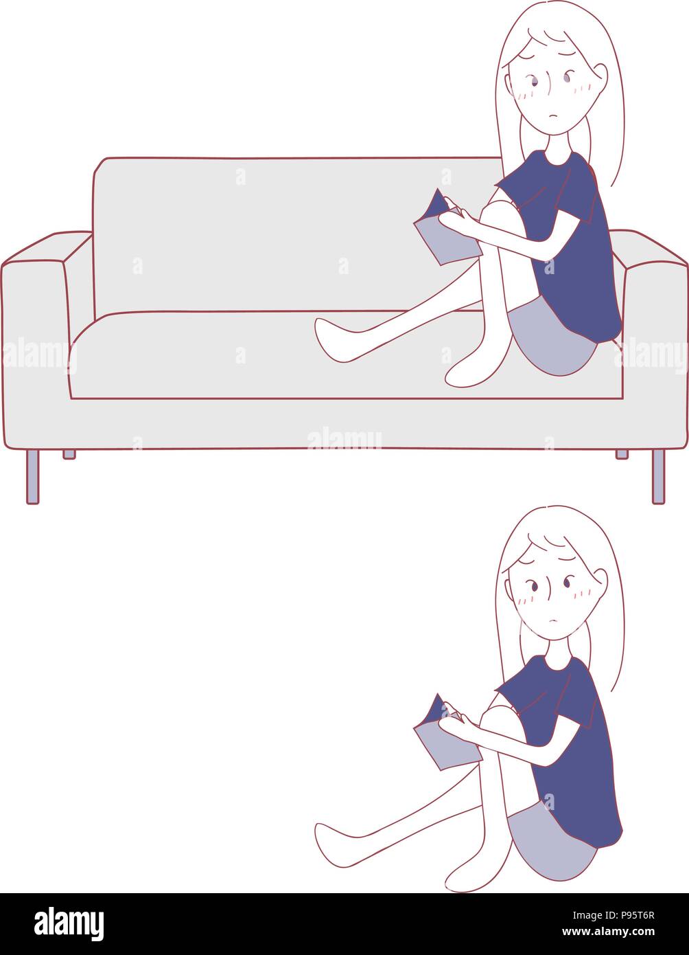 Girl Reading Book. Sitting Alone on Sofa. Vector Illustration Stock ...