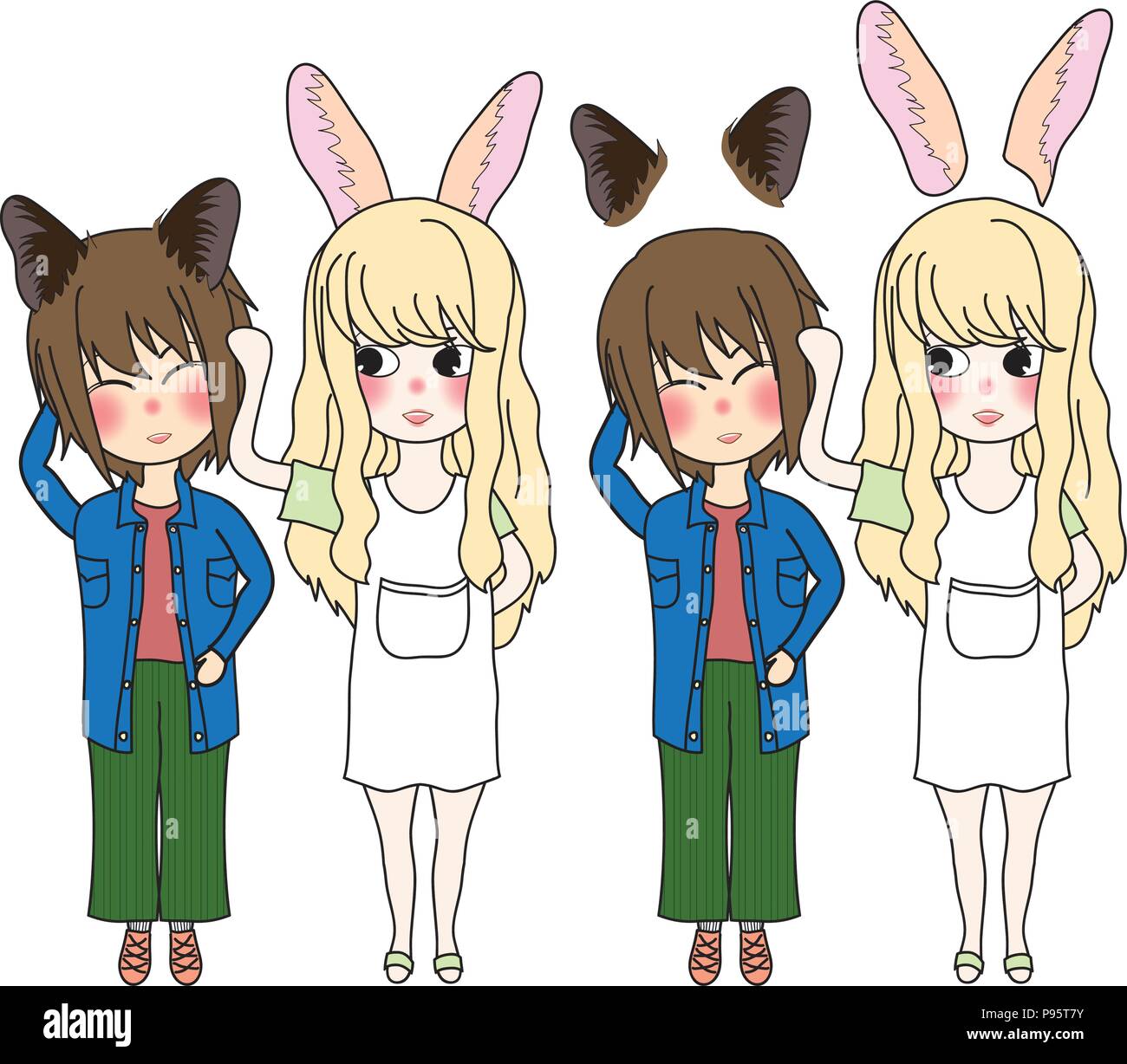 Rabbit Woman Pat on Cat Girl Head. Vector Illustration. isolated on ...