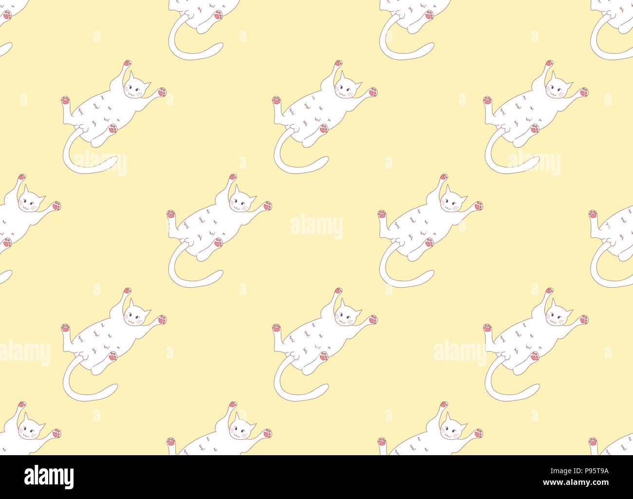 White Cute Cat Laying on Back Seamless Yellow Background. Vector ...