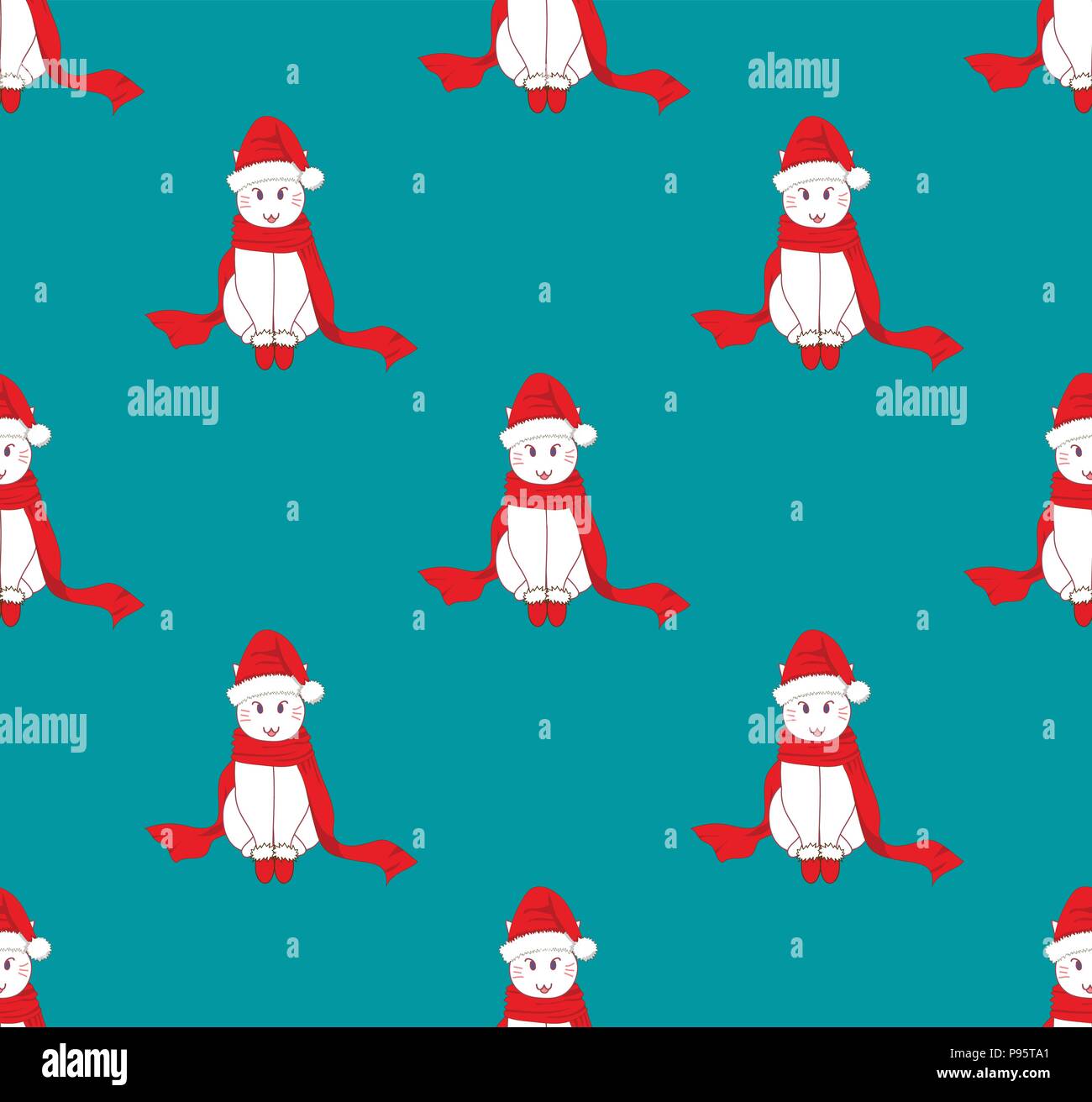 White Santa Cat with Red Scarf on Blue Background. Vector Illustration ...