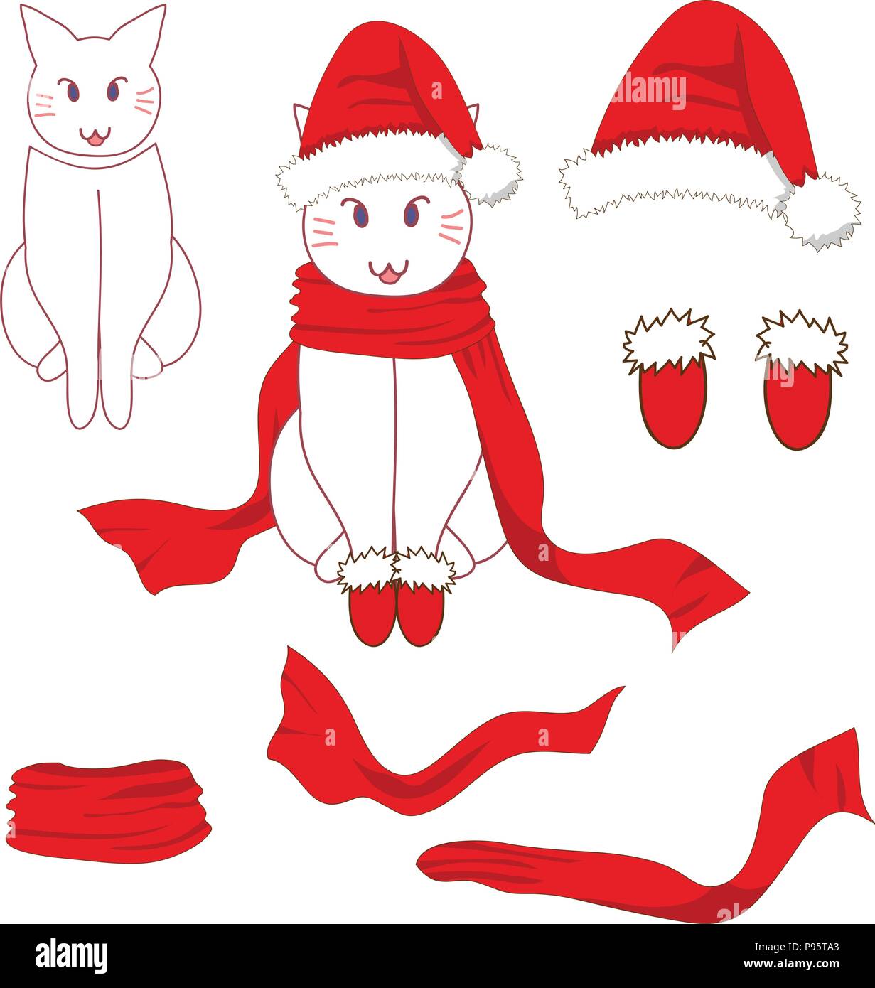 White Santa Cat with Red Scarf. Vector Illustration. isolated on White ...
