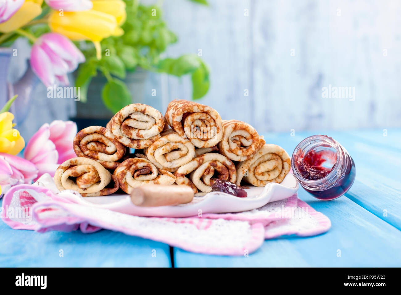 Homemade traditional pancakes with jam for spring carnival. Russian ...